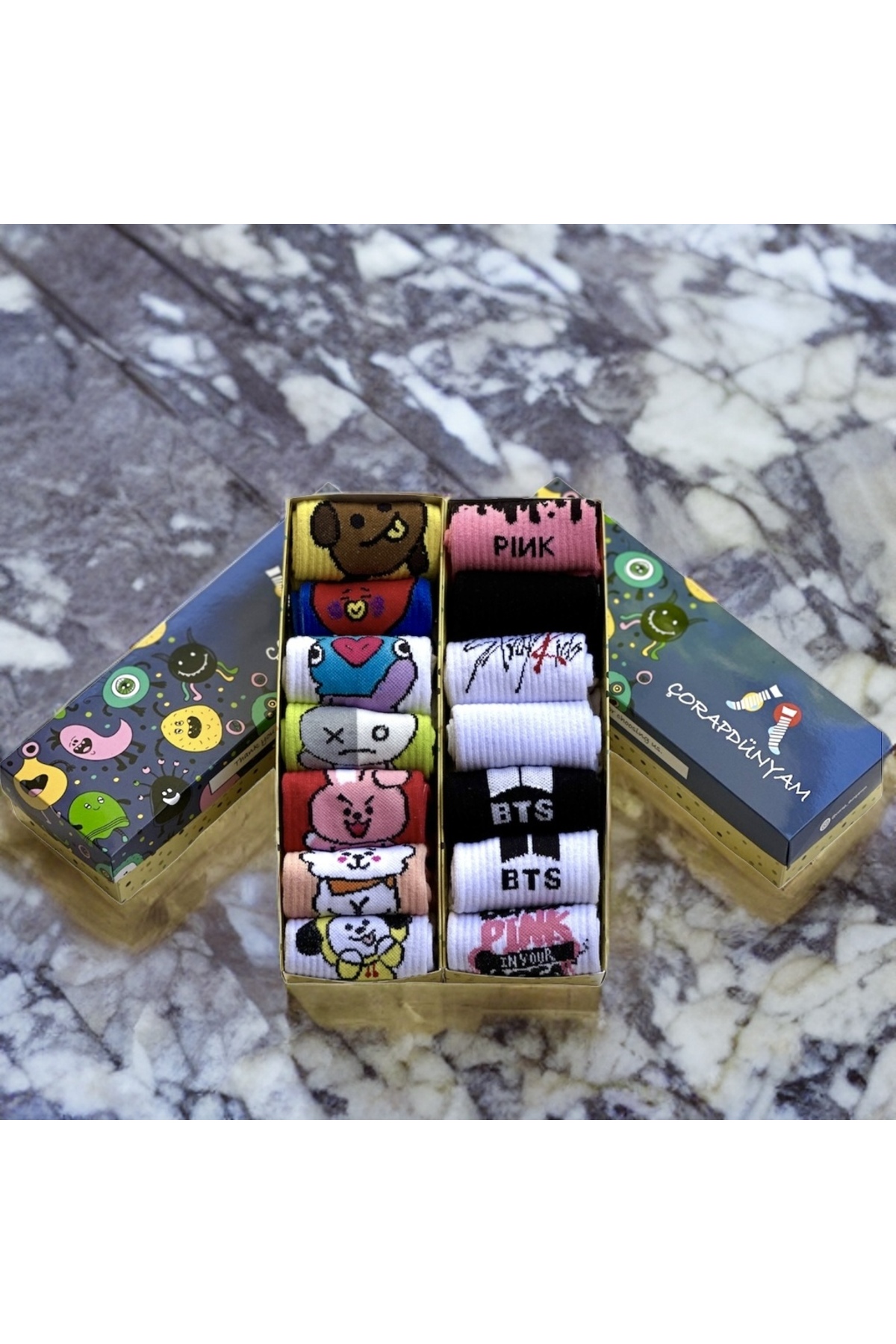 çorapdunyam 14'lu Kutulu Seri Black Ping,Bts,Exo,Stray Kids Neşeli ...