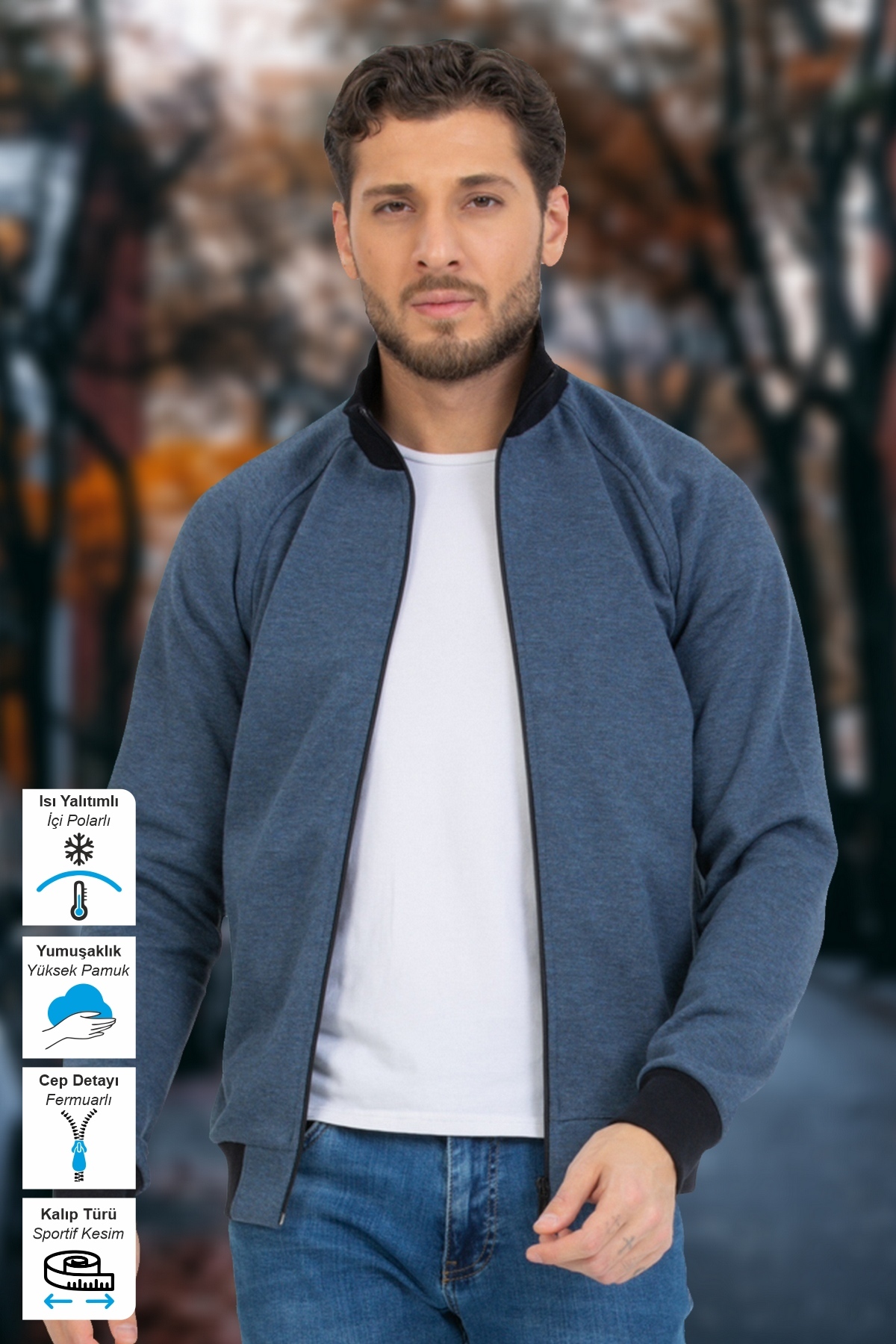 BESSA Men's Jacket Raglan Sleeve Pique 3 Thread Fabric Navy- Trendyol