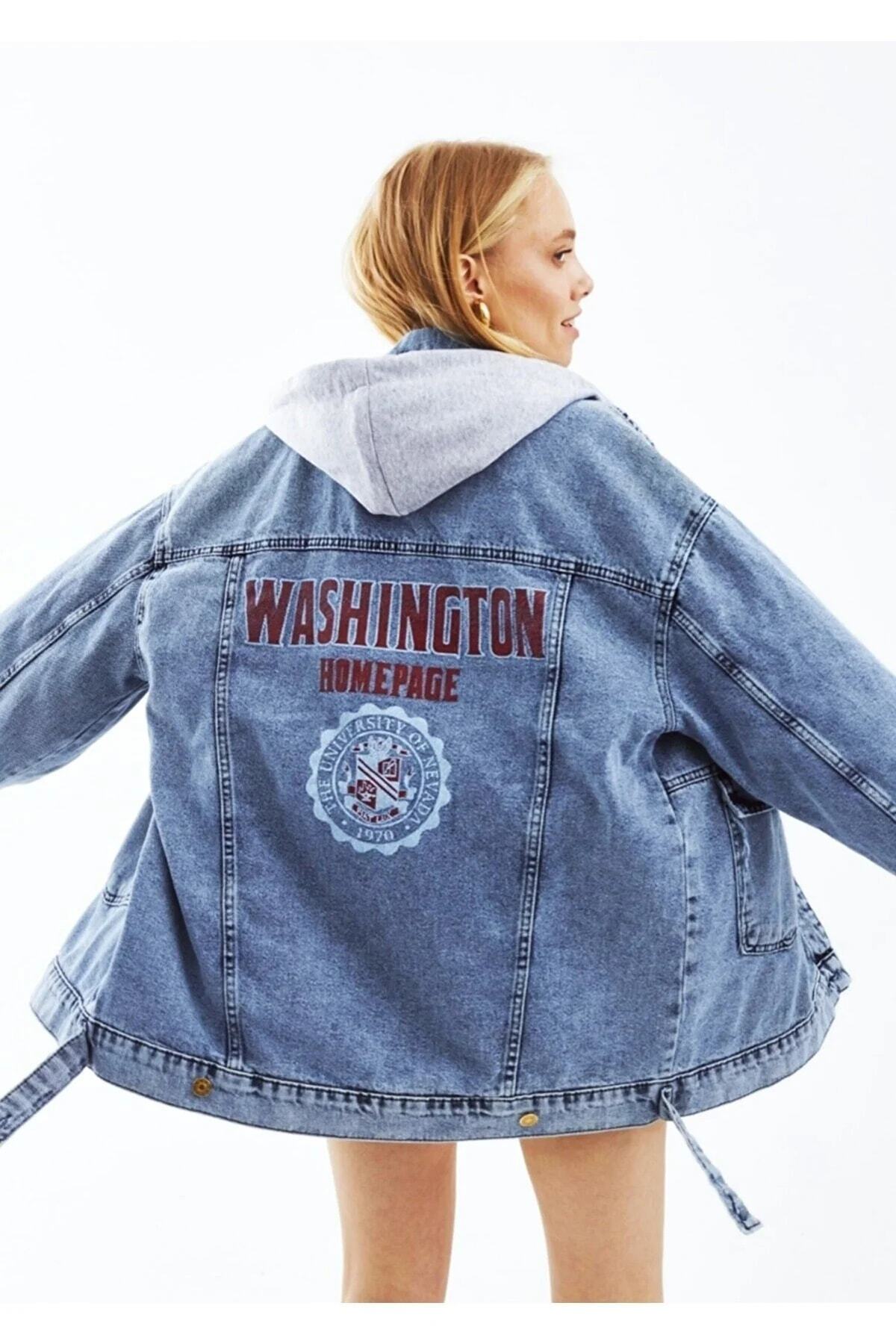 AHALİ TEKSTİL Kadın Kapüşonlu Washington Baskılı Kot Ceket Fiyatı ...