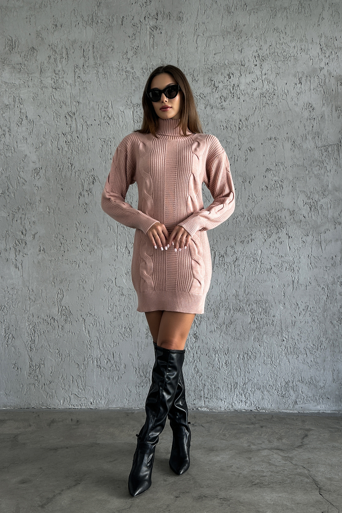 nosia fashion Boğazlı Örgü Desenli Ve Çizgi Detaylı Mini Triko Pudra ...