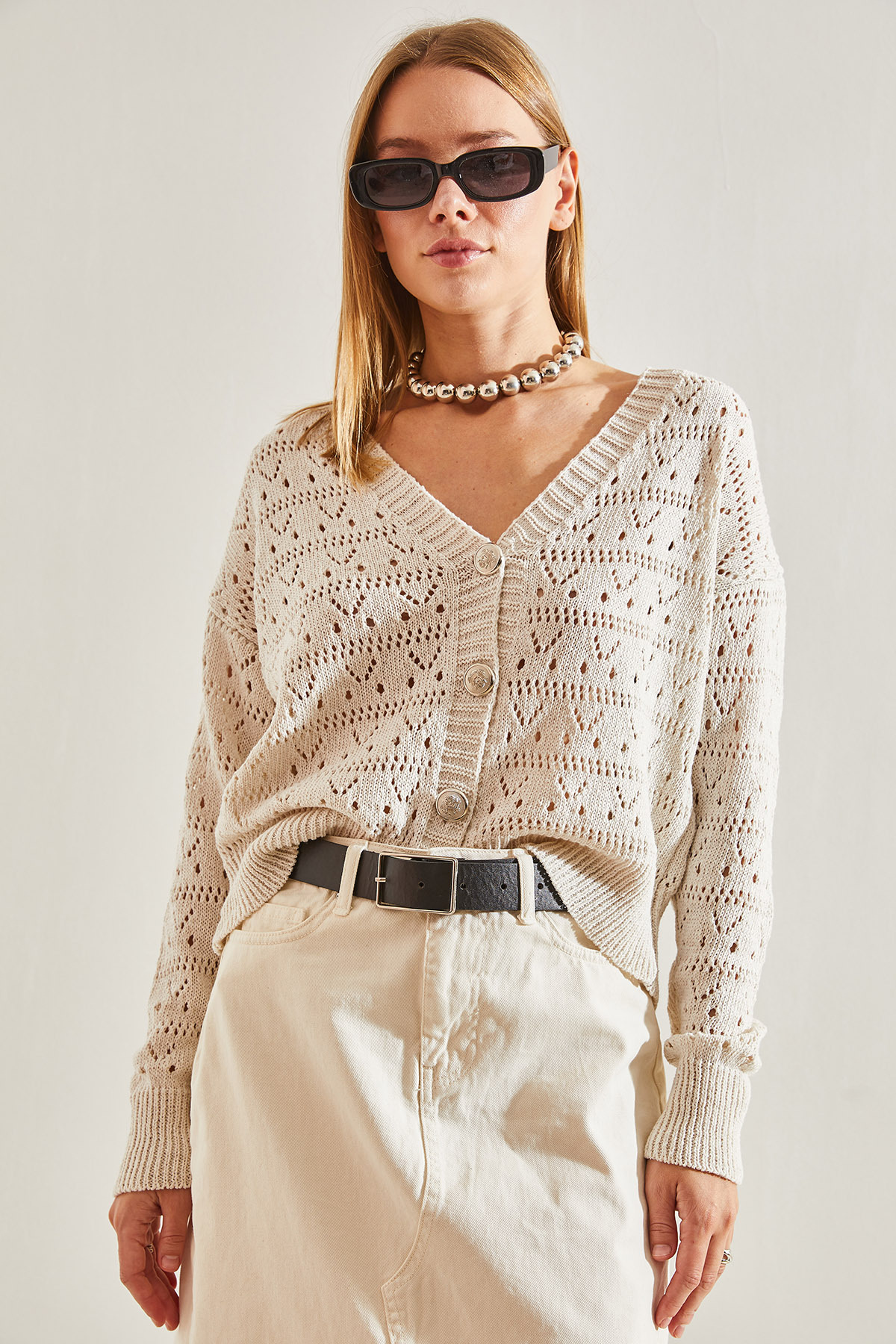 Bianco Lucci Women's Patterned Openwork Knitwear Cardigan - Trendyol