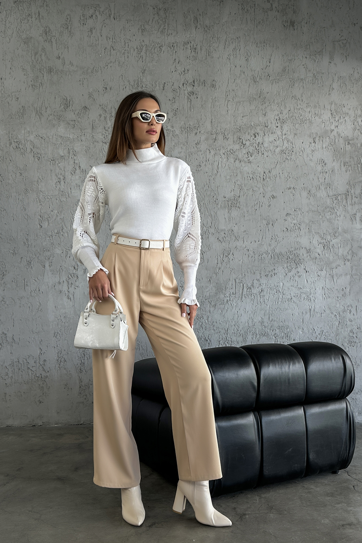 nosia fashion Kadın Beyaz Yarım Balıkçı Kolu Dantel Detaylı Kazak ...
