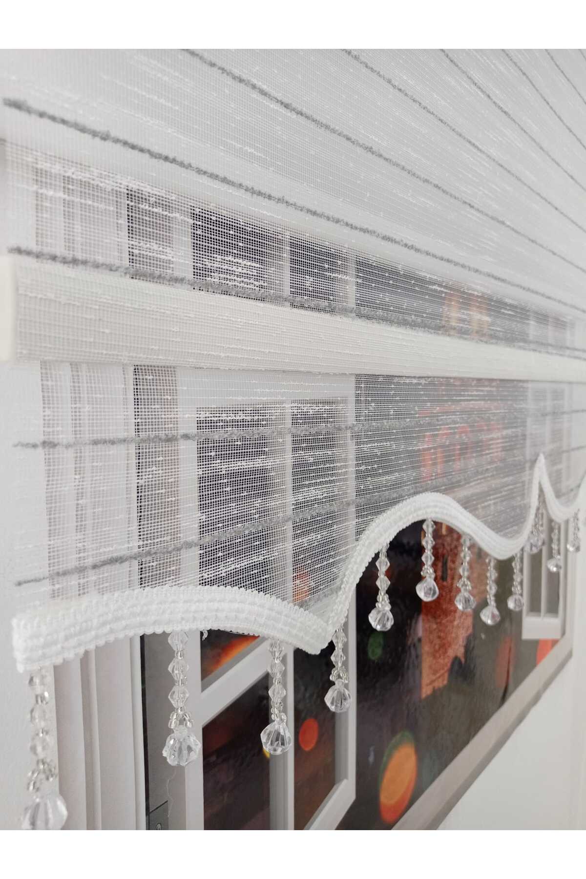 BUUT Çift Mekanizmalı Boncuklu Gri Serit Desenli Tül, Beyaz Poyester ...