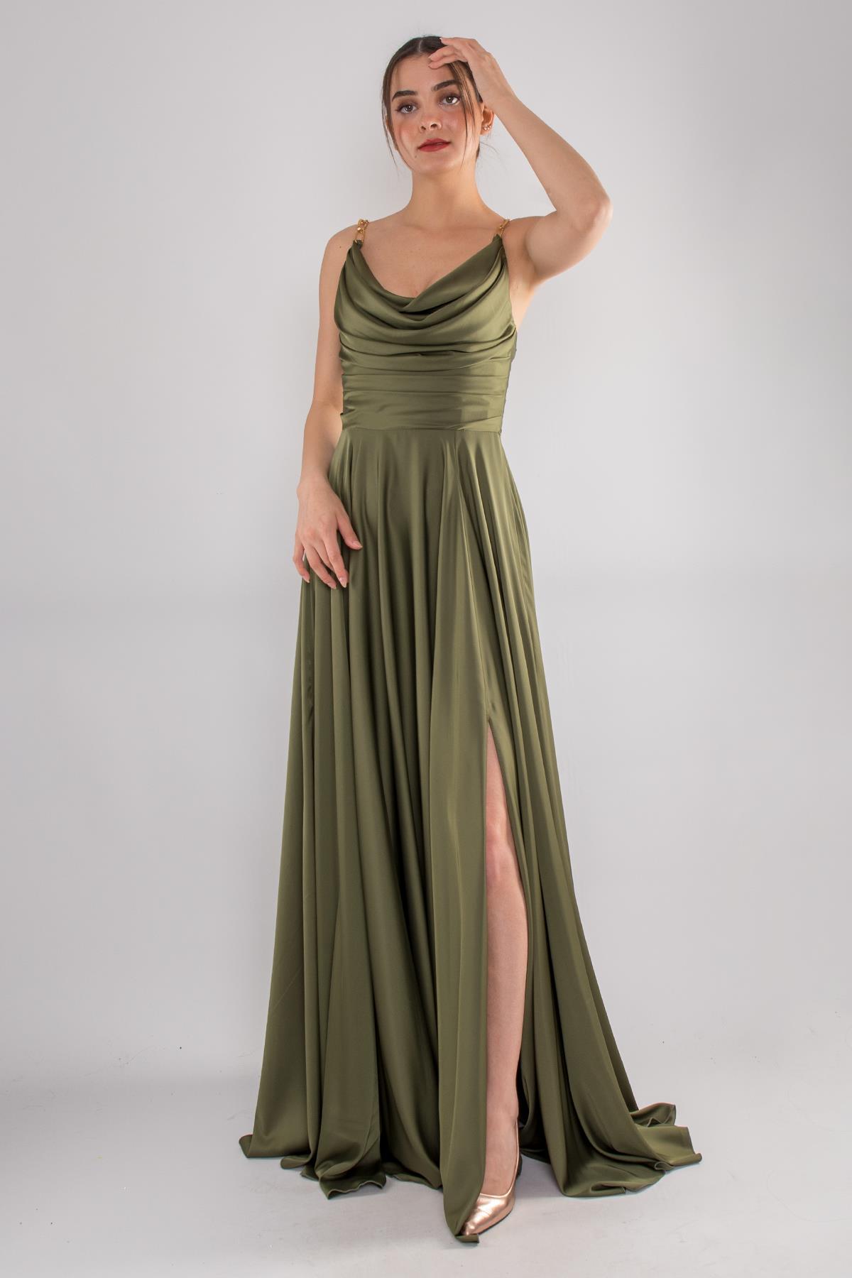 DORİDORCA 5022 Bel Drape Şal Yaka Saten Kloş Uzun Elbise Fiyatı ...