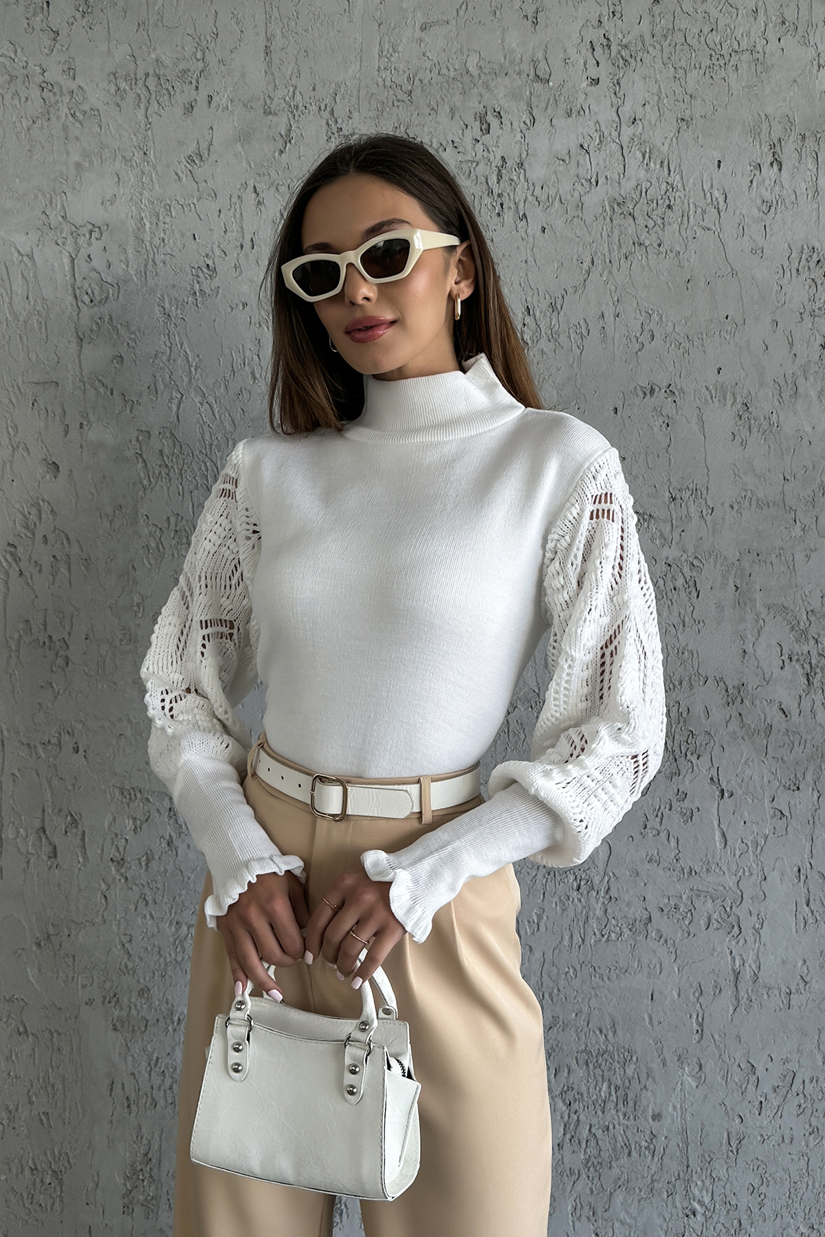 nosia fashion Kadın Beyaz Yarım Balıkçı Kolu Dantel Detaylı Kazak ...