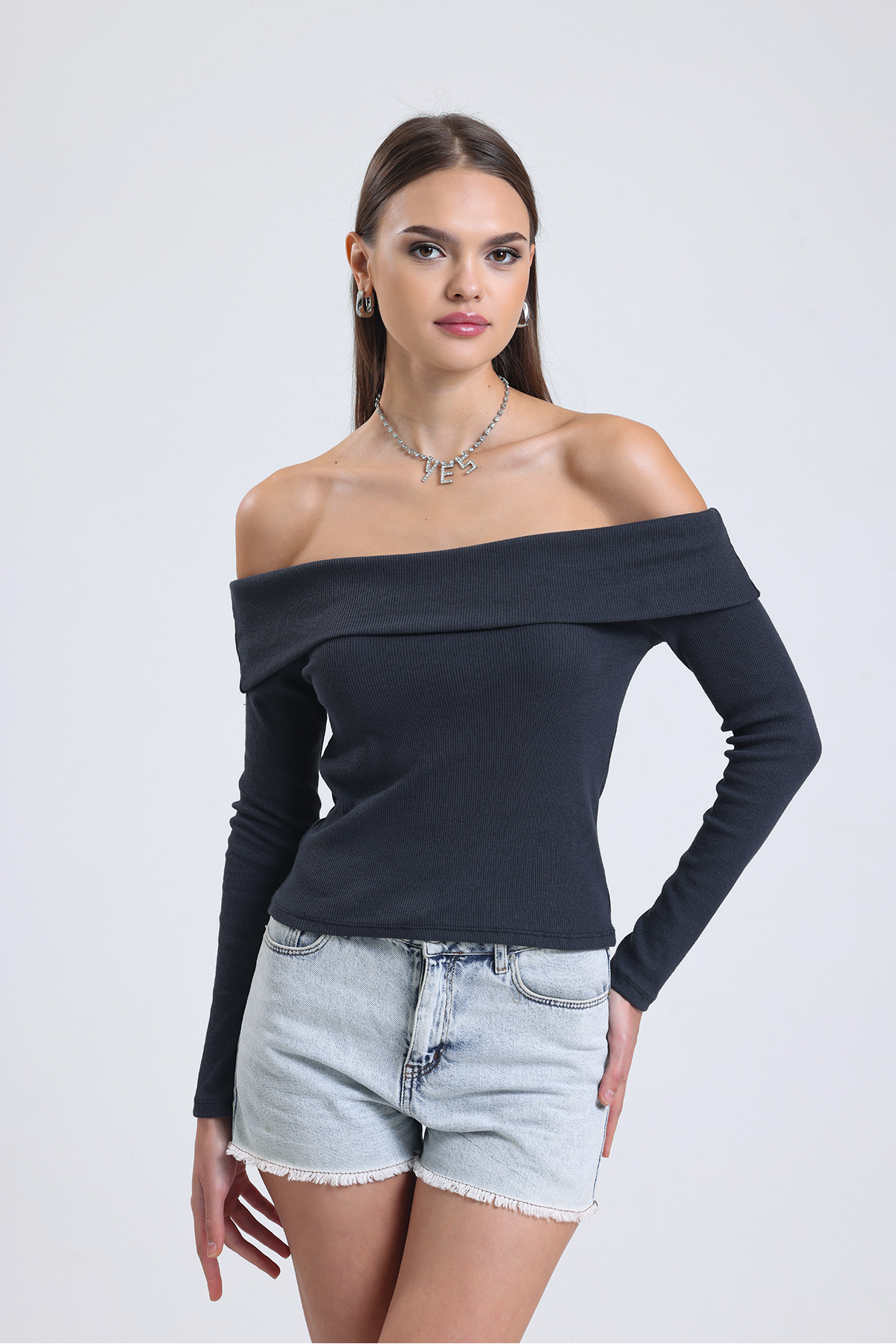 HMY Kadın Omuz Açık Uzun Kollu Antrasit Bluz - Fiyatı, Yorumları