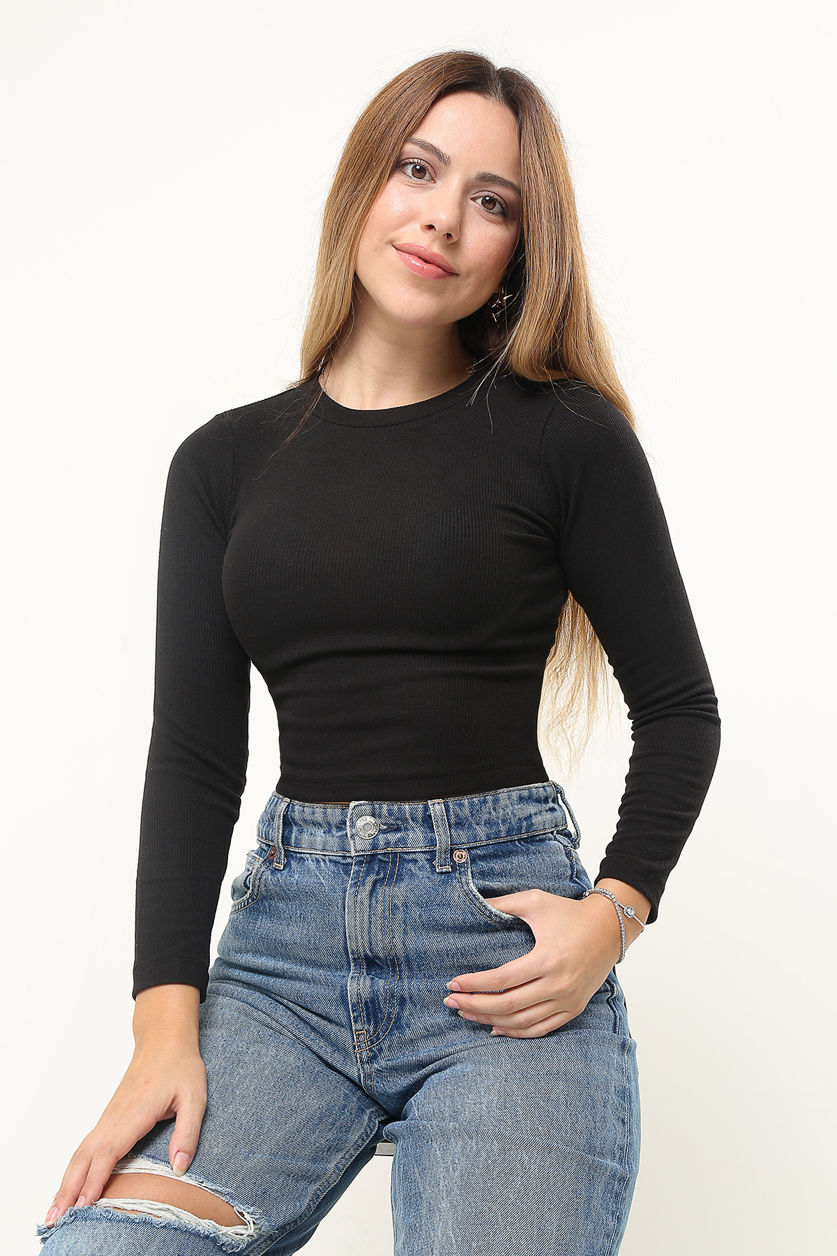 ADEGO Kadın Siyah Fitilli Balıkçı Yaka Uzun Kollu Crop Örme Bluz Body ...