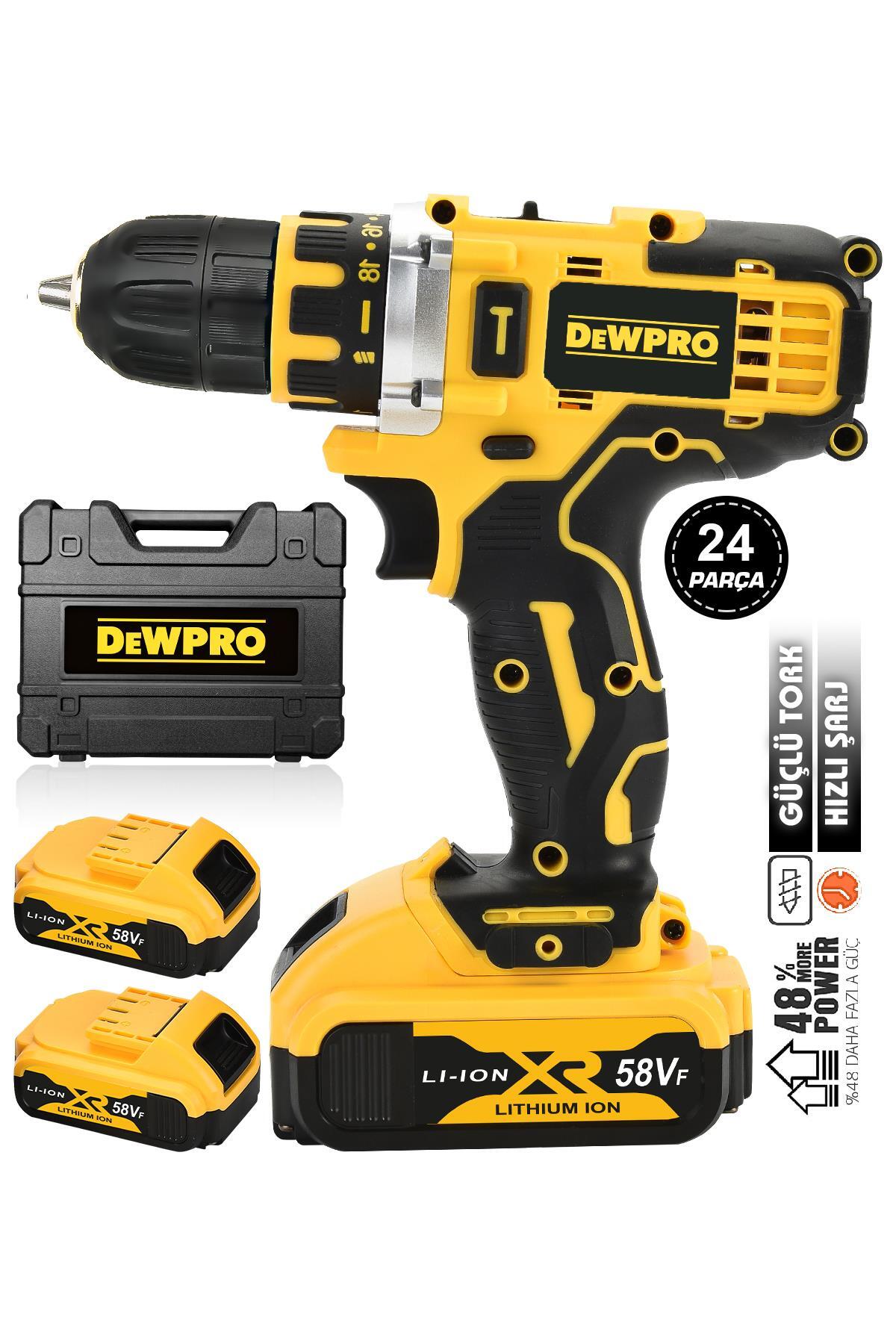 DEWPRO Şarjlı Matkap Çift Akülü 24 Parça Plastik Mandren SARI 58vf ...