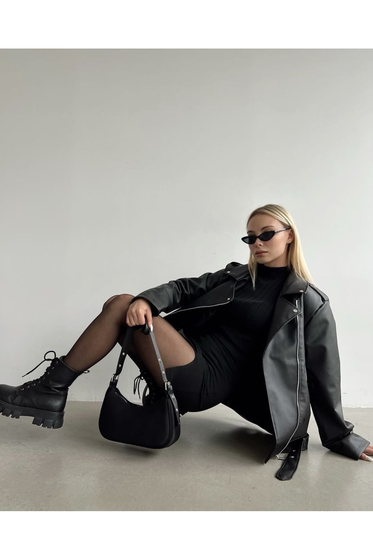 Ekim Store Long Belted Boyfriend Leather Jacket- Trendyol