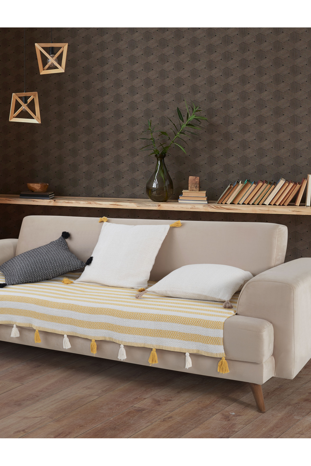 Lux Touch Liva Ponponlu Sarı Koltuk Örtüsü 115 x 200 cm Kanepe Divan ...