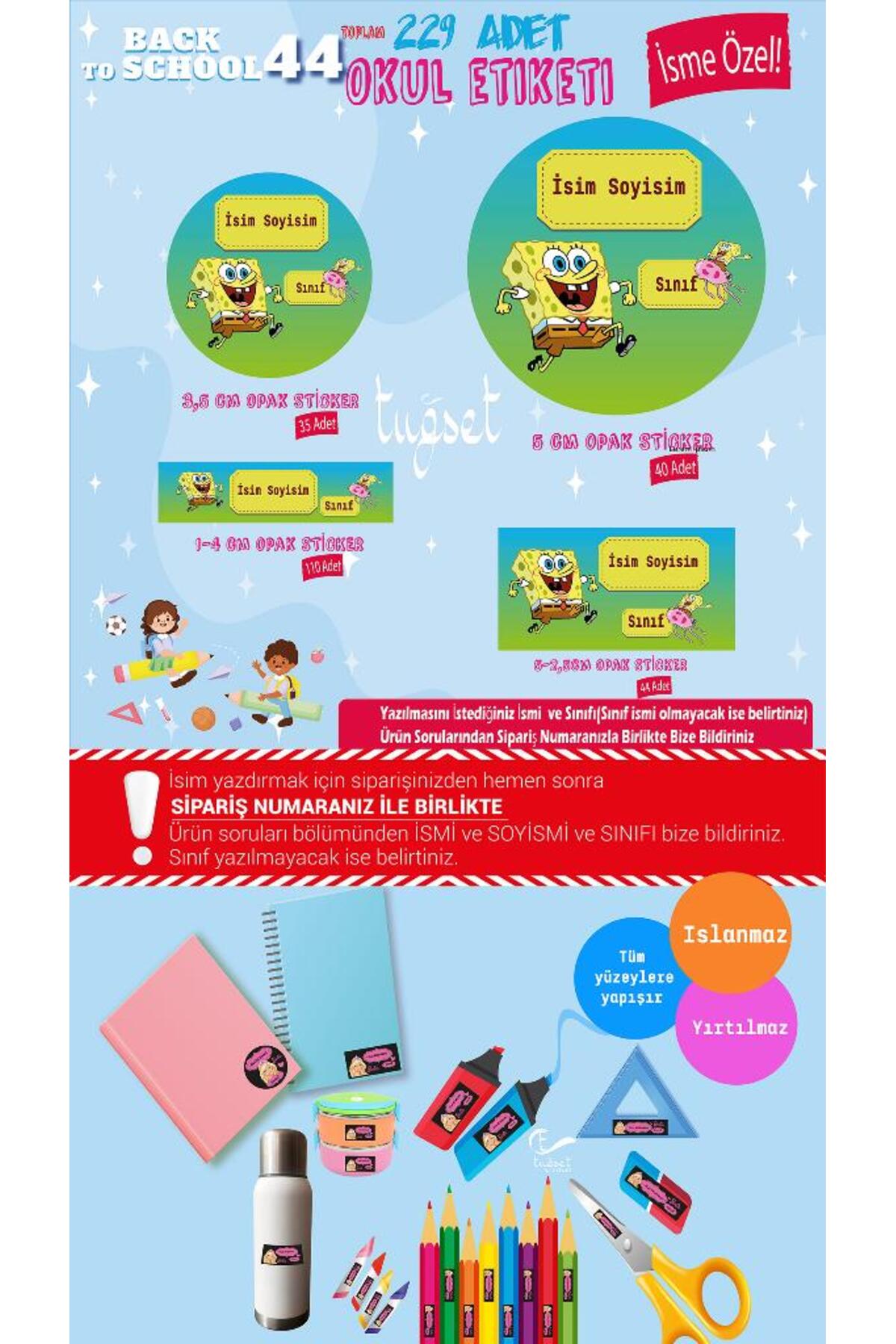 TUĞSET ETİKET Okul Etiketi Sünger Bob Kalem Defter Etiketi Özel İsim Yazılabilen Etiket Seti ...