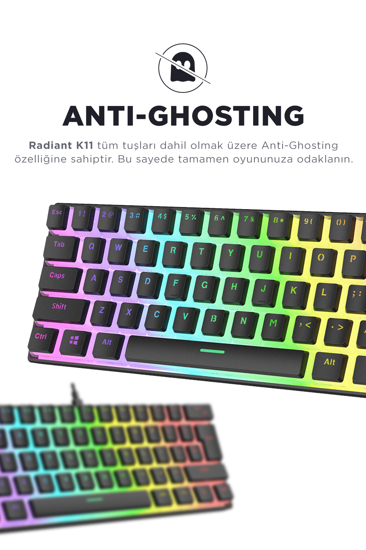 Rampage Radiant K11 Siyah Type-c Bağlantı RGB Puding Tuş Mekanik Red Switch US Gaming Oyuncu ...