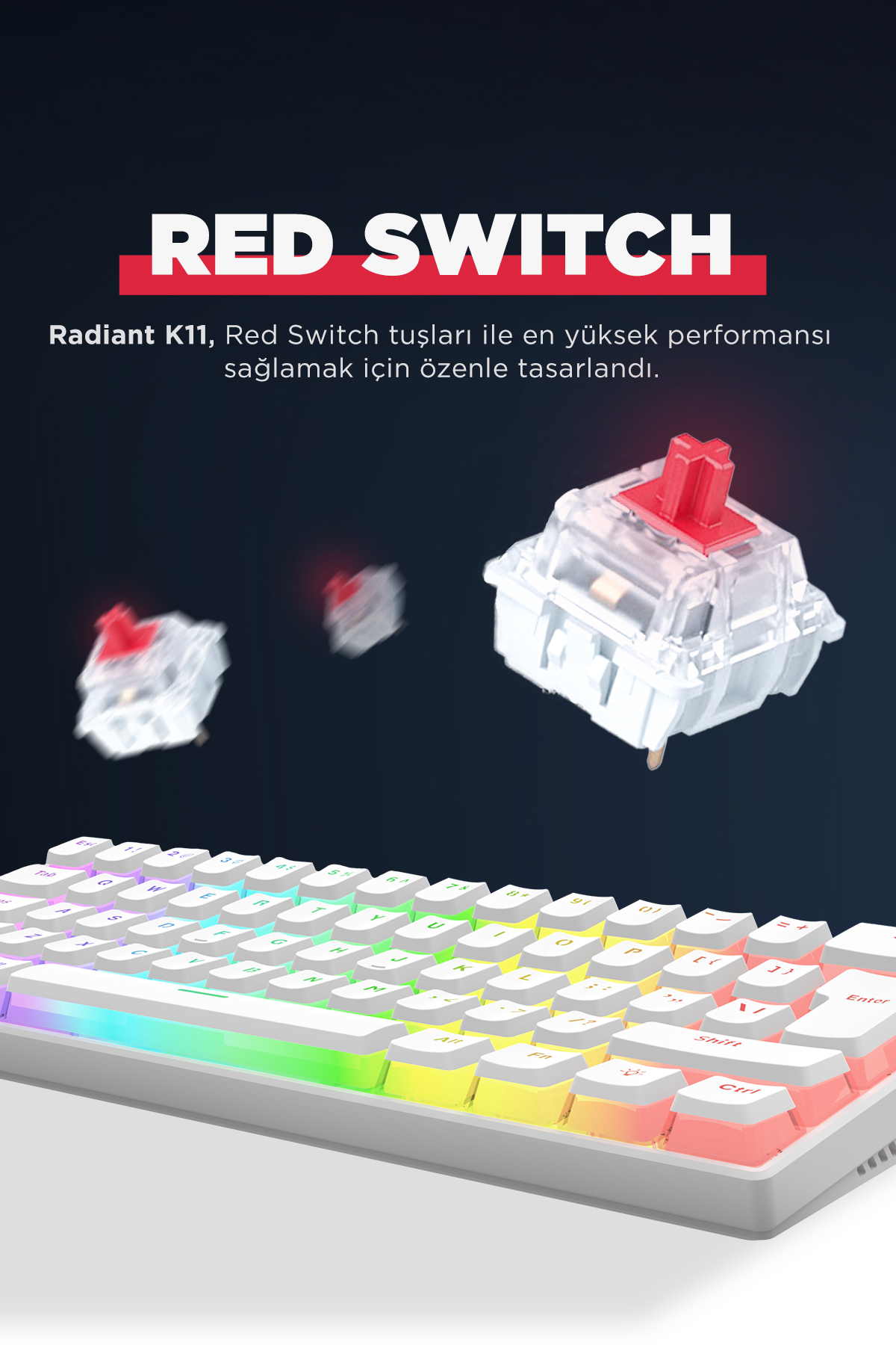 Rampage Radiant K11 Beyaz Type-c Bağlantı RGB Puding Tuş Mekanik Red ...