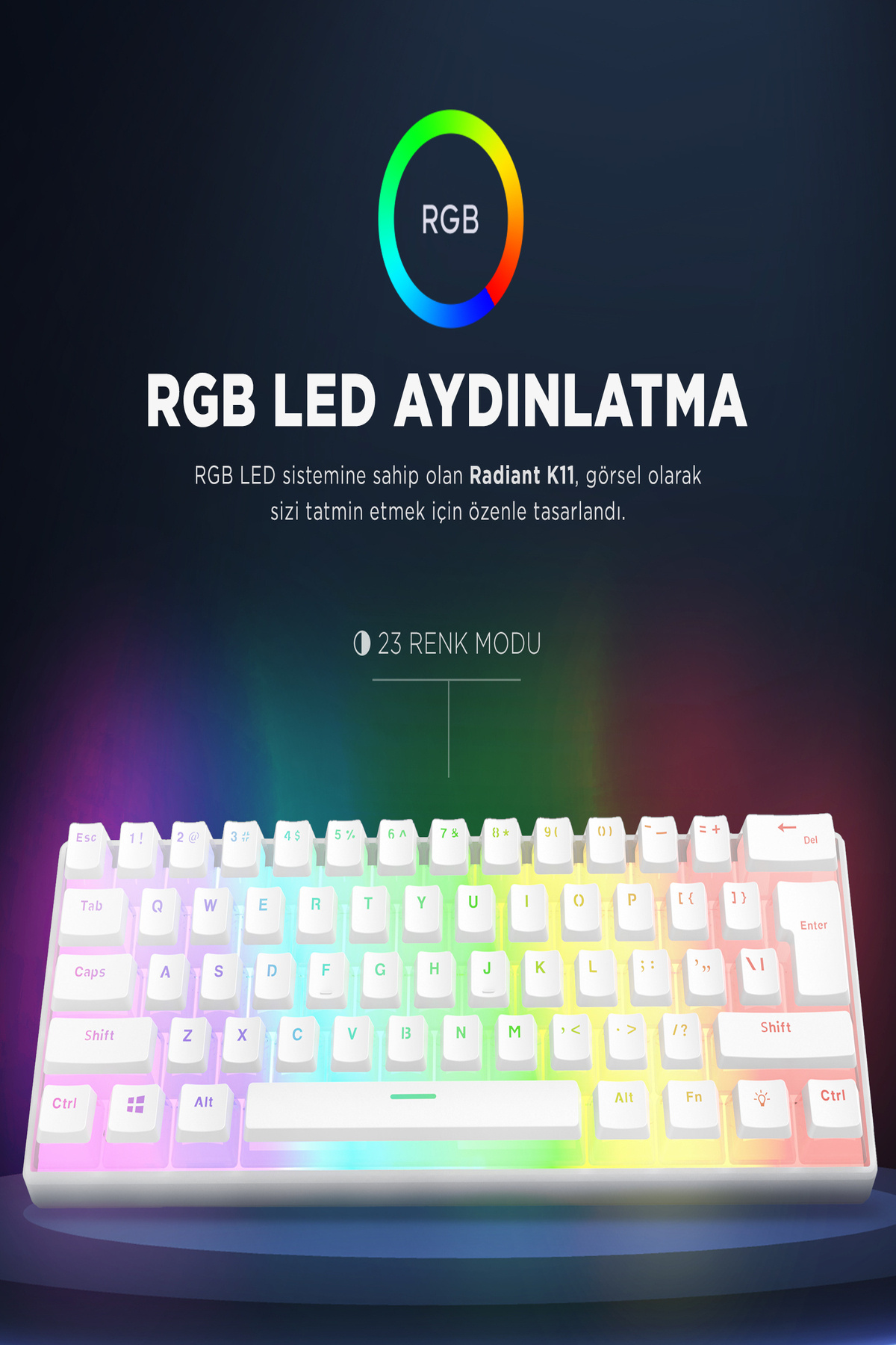 Rampage Radiant K11 Beyaz Type-c Bağlantı RGB Puding Tuş Mekanik Red ...