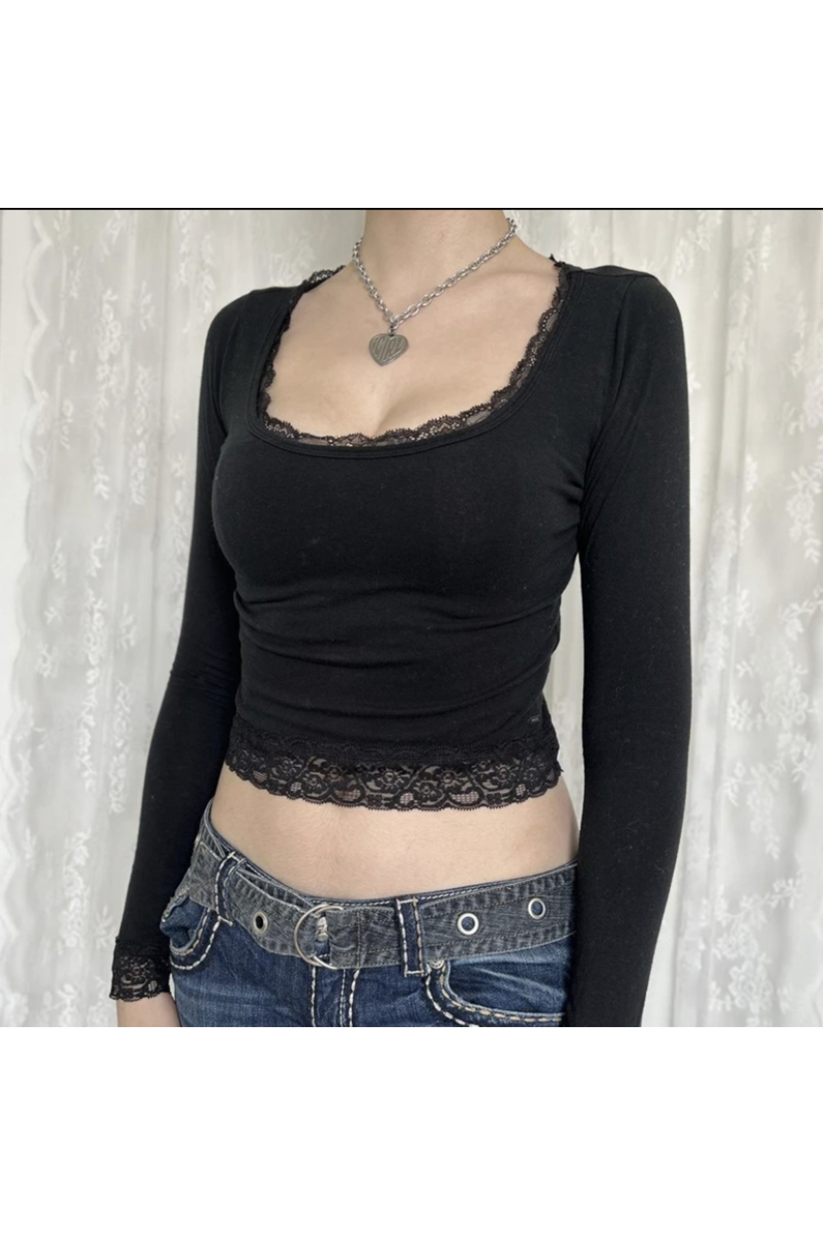 DEEFWEAR Y2K Lace Detail Long Sleeve Crop Top - Trendyol