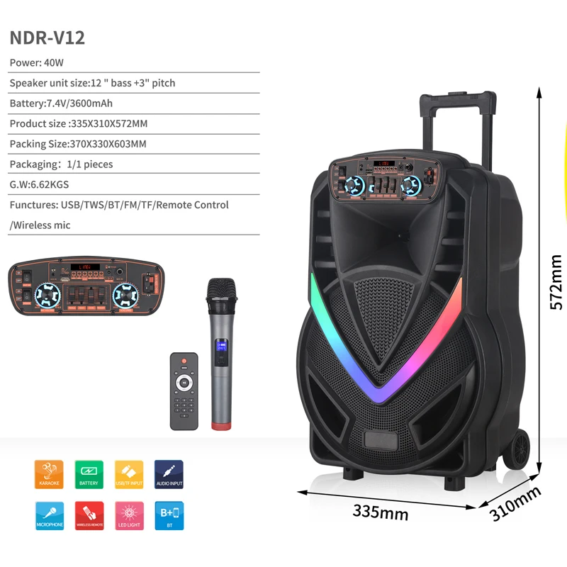 Torima Ndr-v12 Mikrofonlu Kumandalı Rgb Ledli Taşınabilir Tekerlekli Bluetooth Hoparlör - Fiyatı ...