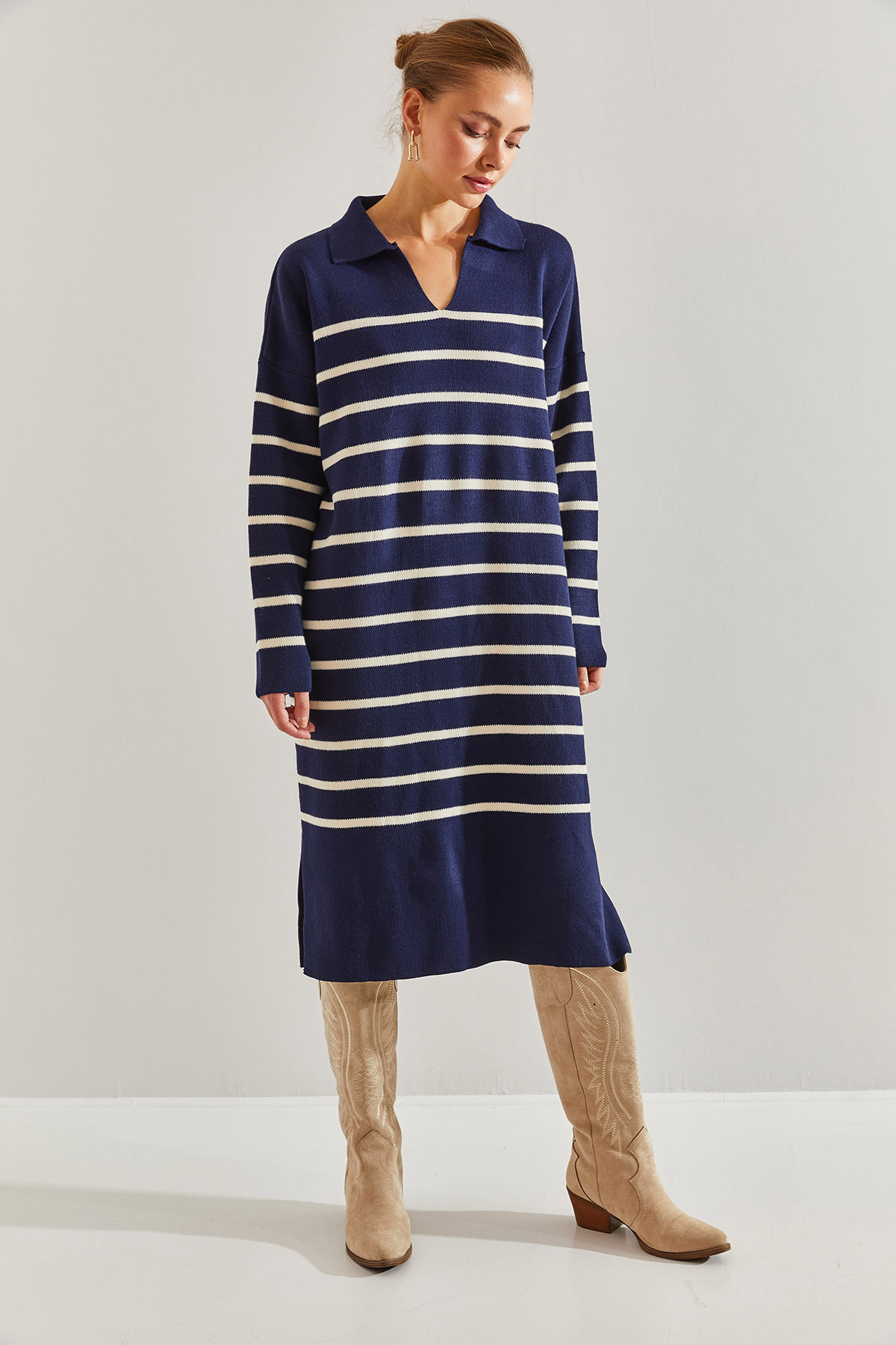 Bianco Lucci Kadın V Yakalı Yan Yırtmaçlı Çizgili Triko Elbise Fiyatı ...