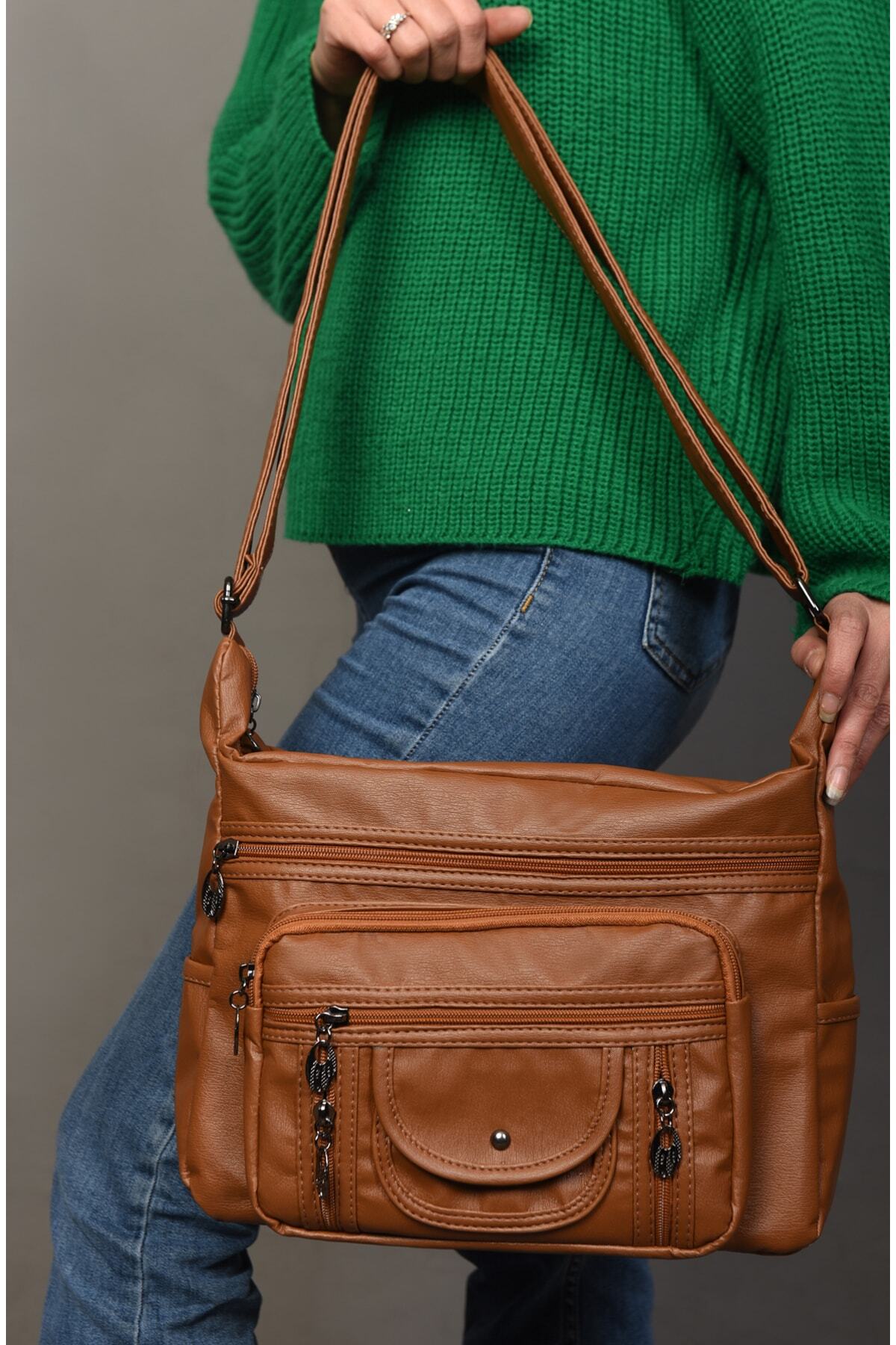 JARA Bag Pera Soft Washed Leather Multi-Compartment Crossbody Bag- Trendyol