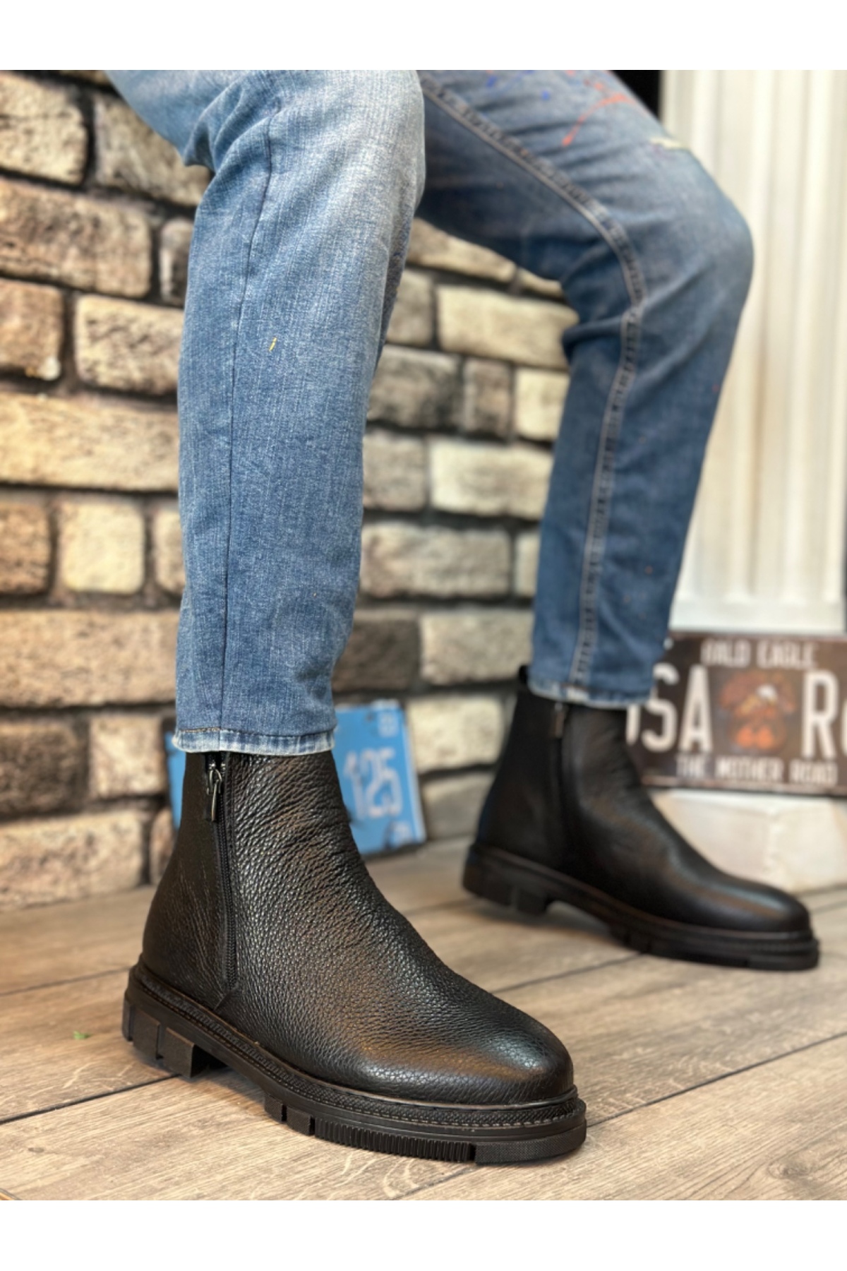 BOA İçi Dışı Hakiki Deri Siyah Cilt Çift Fermuarlı Erkek Yarım Bilek ...