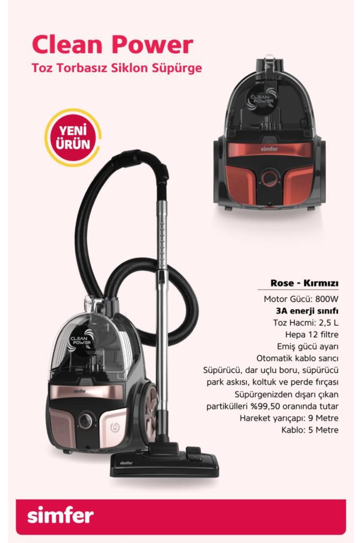 Simfer SK-6302 800 W Toz Torbasız Elektrikli Süpürge-kırmızı - Fiyatı, Yorumları