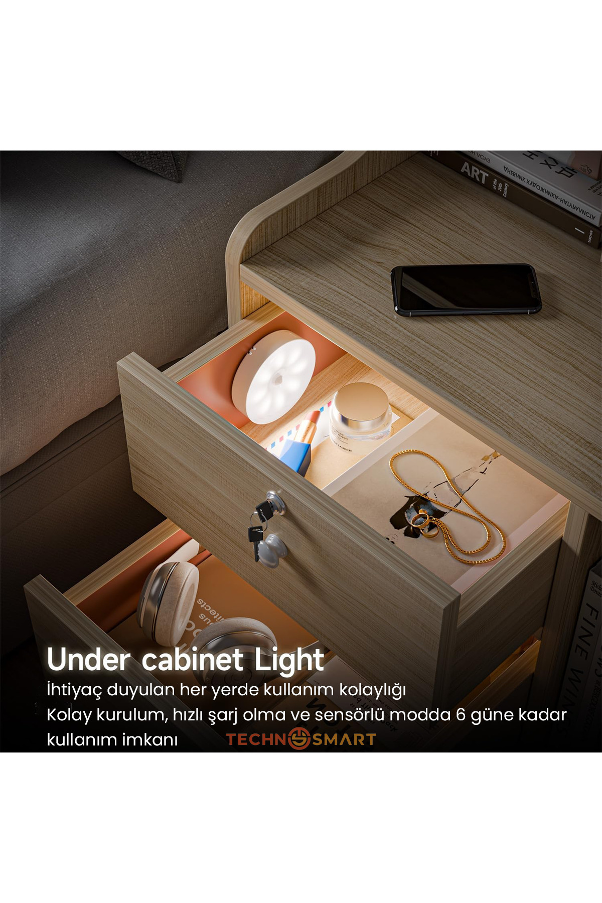 TechnoSmart 3lü Spot Led Kumandalı Usb Şarjlı Akıllı Hareket Sensörlü Kablosuz Lamba Beyaz Işık ...