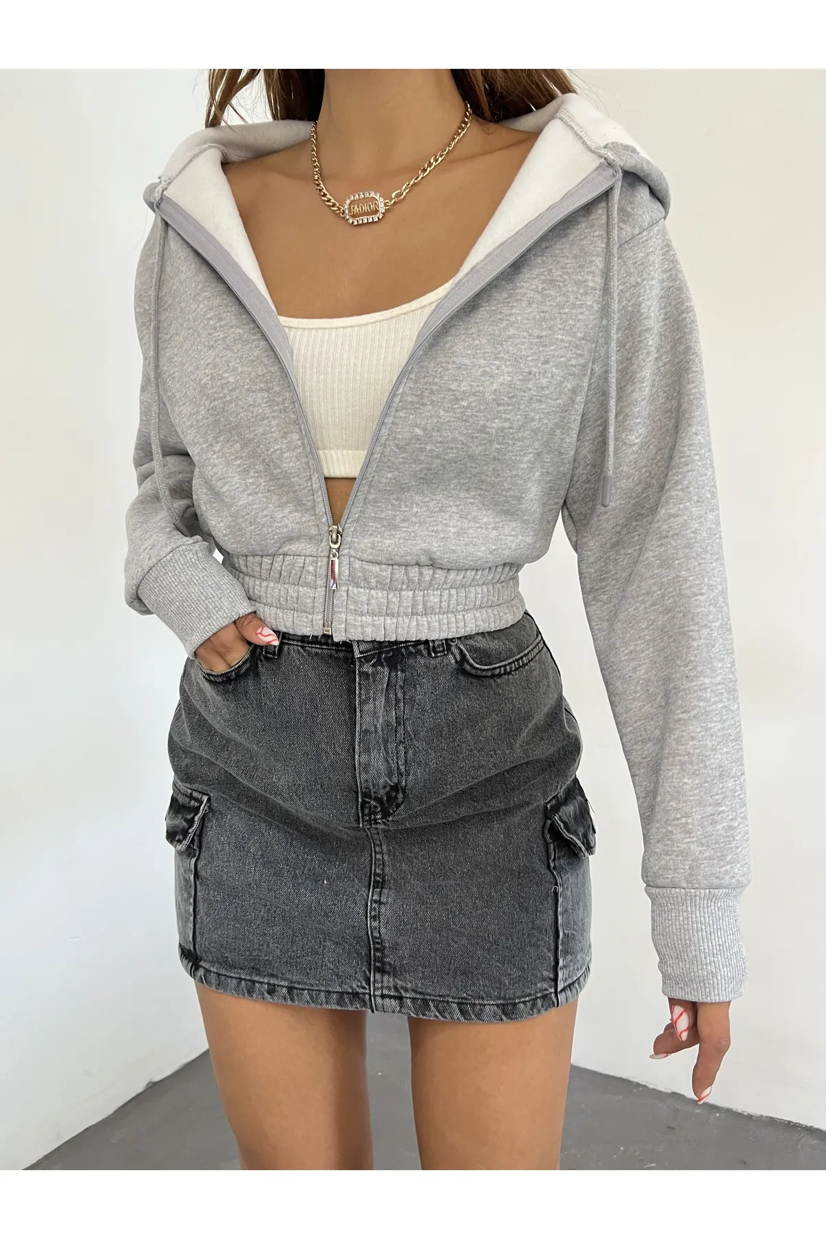 kozzy Kadın Gri Kapüşonlu Fermuarlı 3 İplik Şardonlu Kalın Crop ...