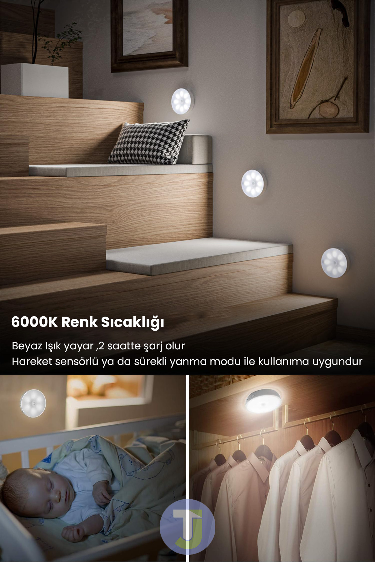 Technojet 3 Adet Akıllı Hareket Sensörlü Uzaktan Kumandalı Usb Şarjlı Kablosuz Spot Led Gece ...