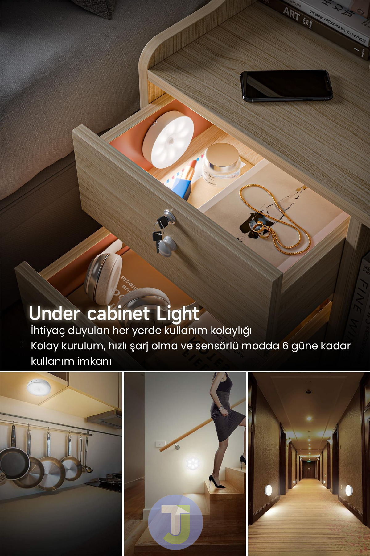 Technojet 3 Adet Akıllı Hareket Sensörlü Uzaktan Kumandalı Usb Şarjlı Kablosuz Spot Led Gece ...