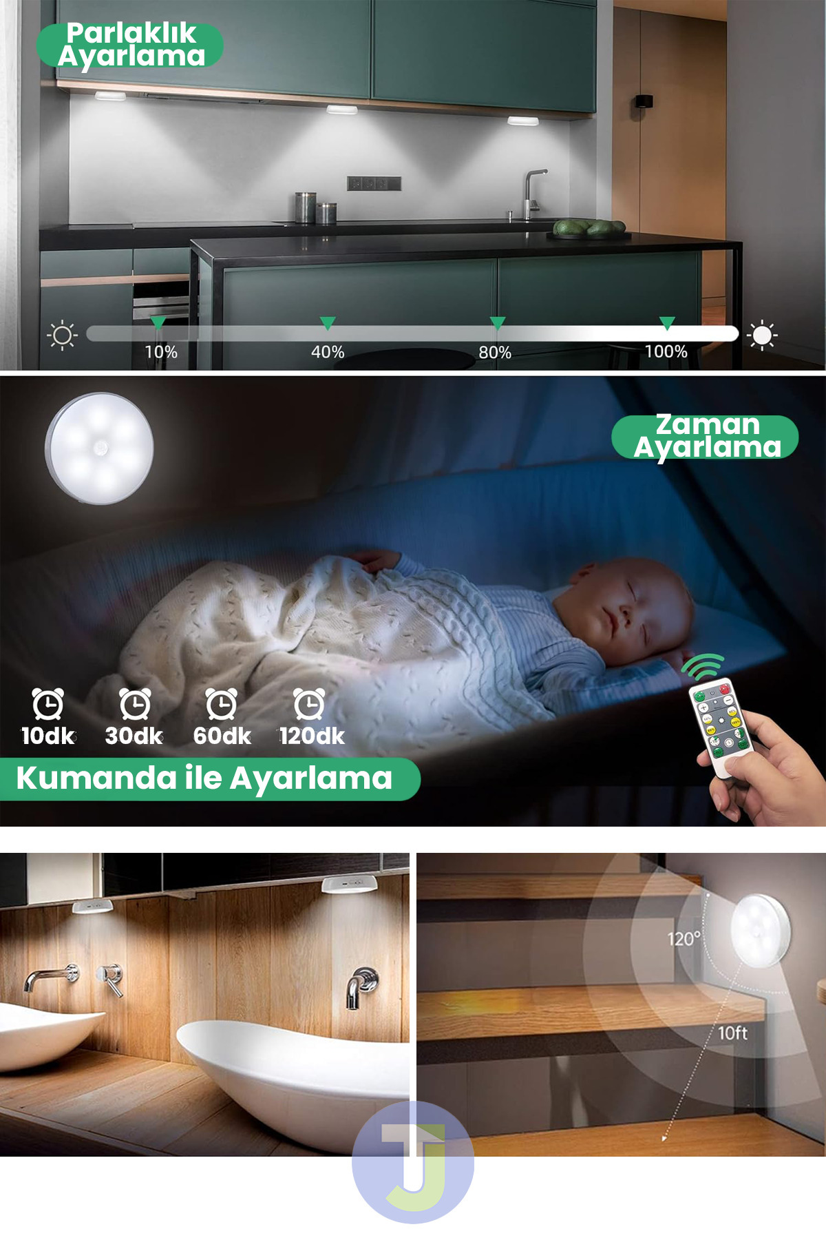 Technojet 3 Adet Akıllı Hareket Sensörlü Uzaktan Kumandalı Usb Şarjlı Kablosuz Spot Led Gece ...