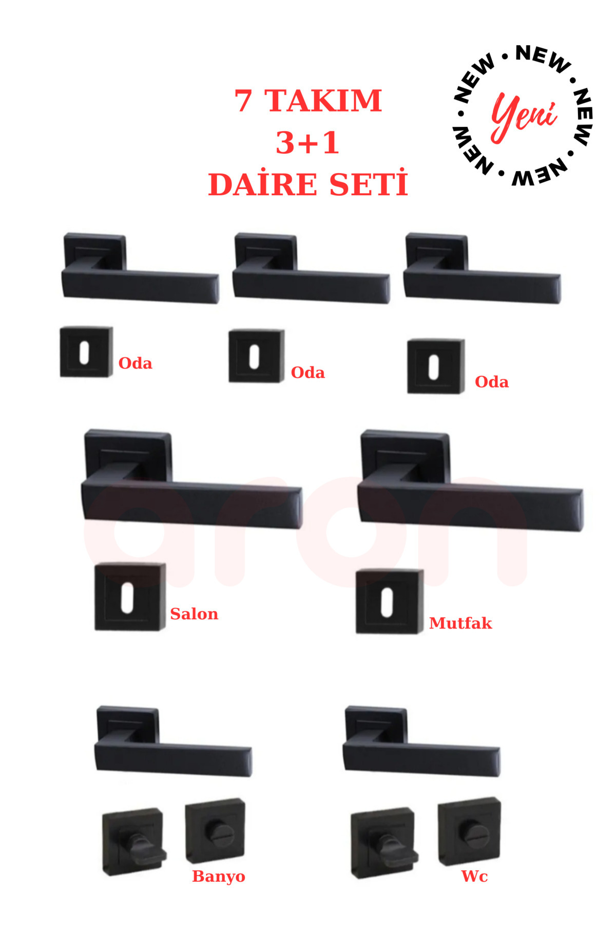 ARON (7 TAKIM) Kale Lama Rozetli Kapı Kolu (3*1) Daire Seti Mat Siyah ...