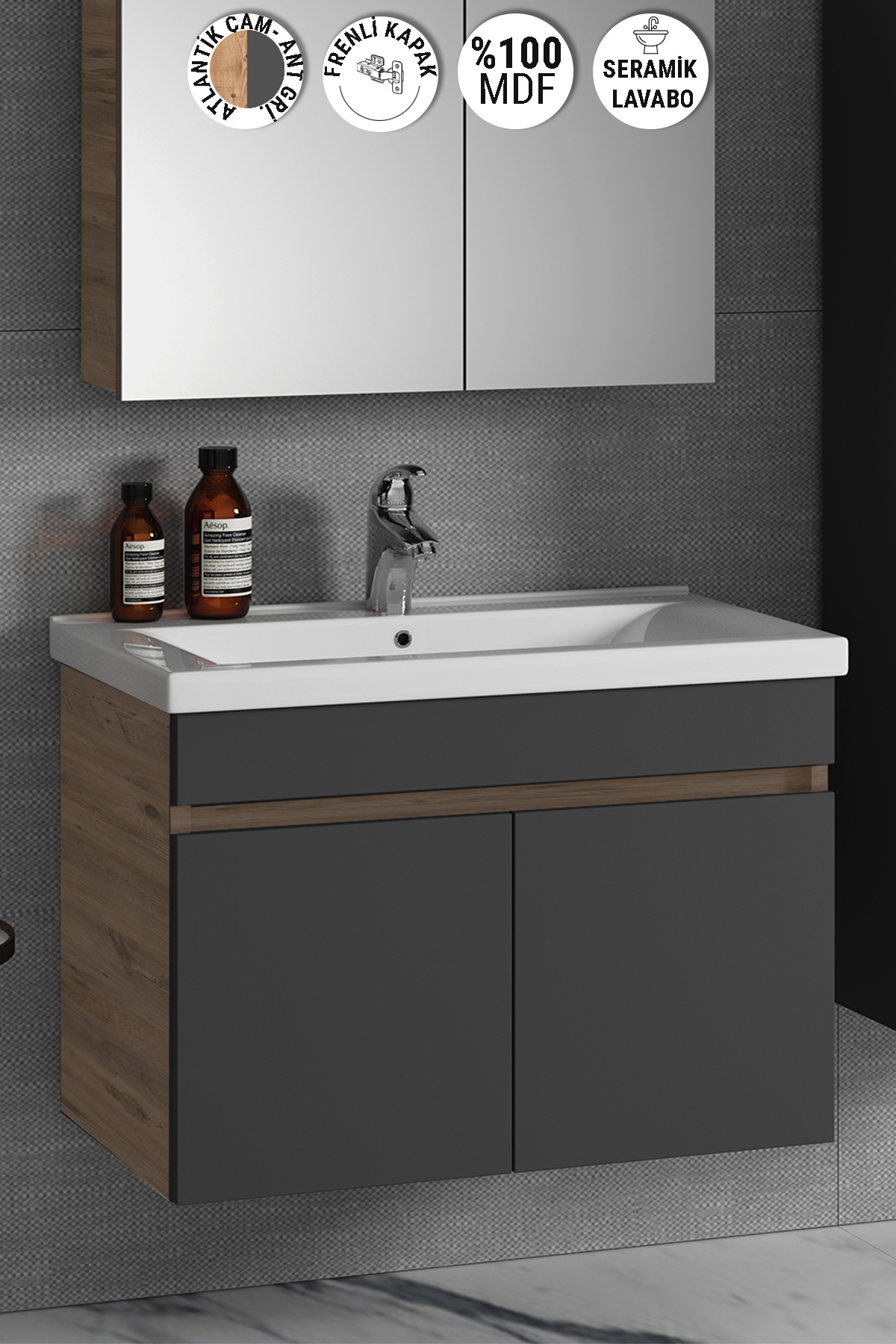 ÖZCEDEN Çiğdem 80 Cm Atlantik Çam-antrasit Gri Mat Mdf Seramik Lavabolu ...