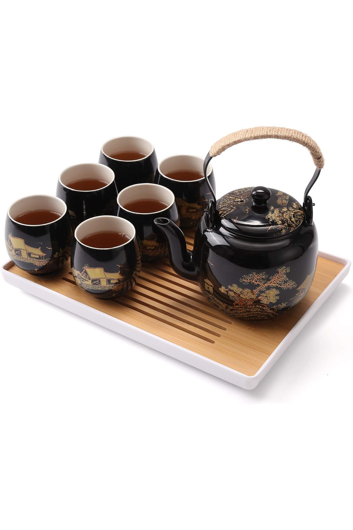 DUJUST Japon Çay Seti, 6 Çay Bardağı, 1 Çay Tepsisi, 1 Paslanmaz Demlik ...