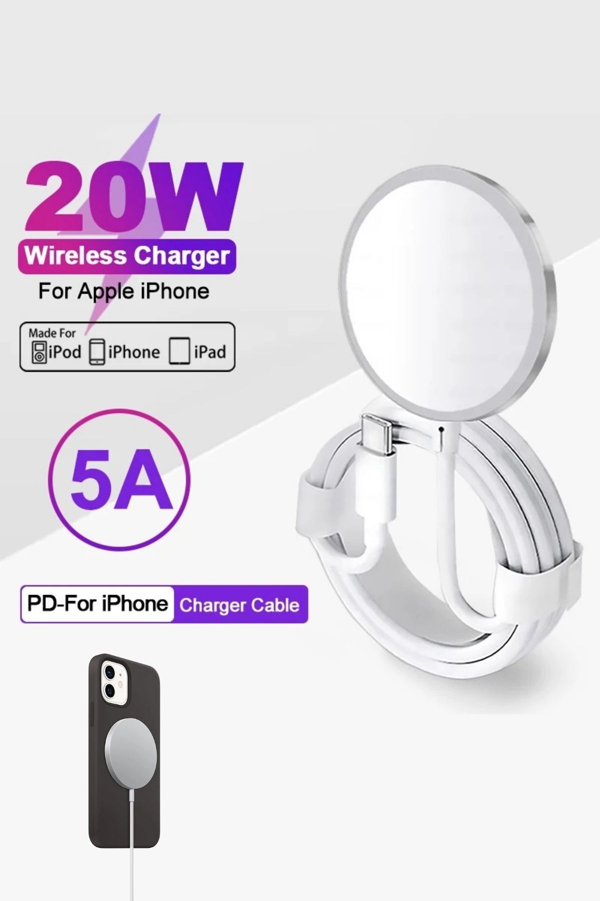 L'eDoren Kablosuz Şarj Cihazı 20w Magsafe Charger 1 metre Kablo İos 8/X ...