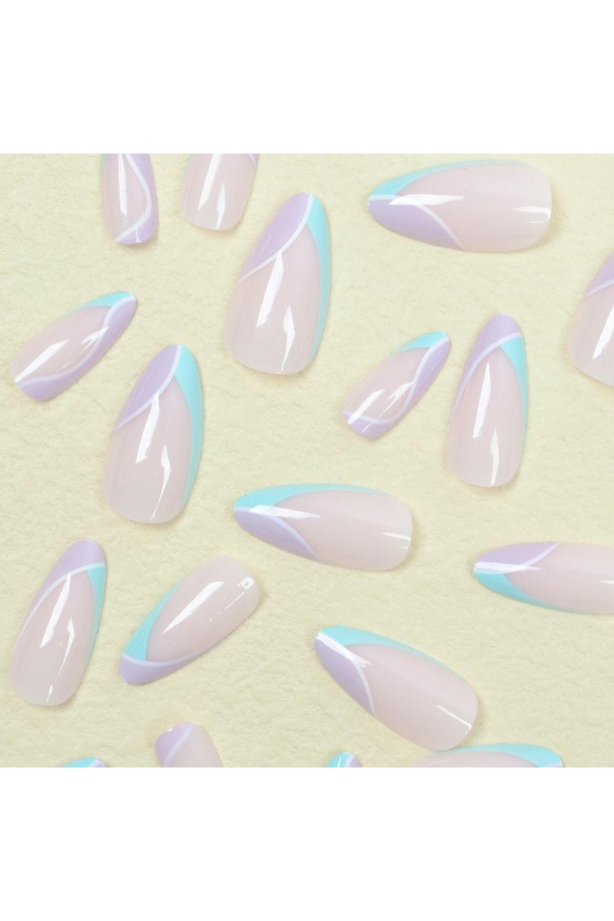 TipsArt Mavi Lila French'li Badem 24’lü Takma Tırnak Seti ve Zararsız ...