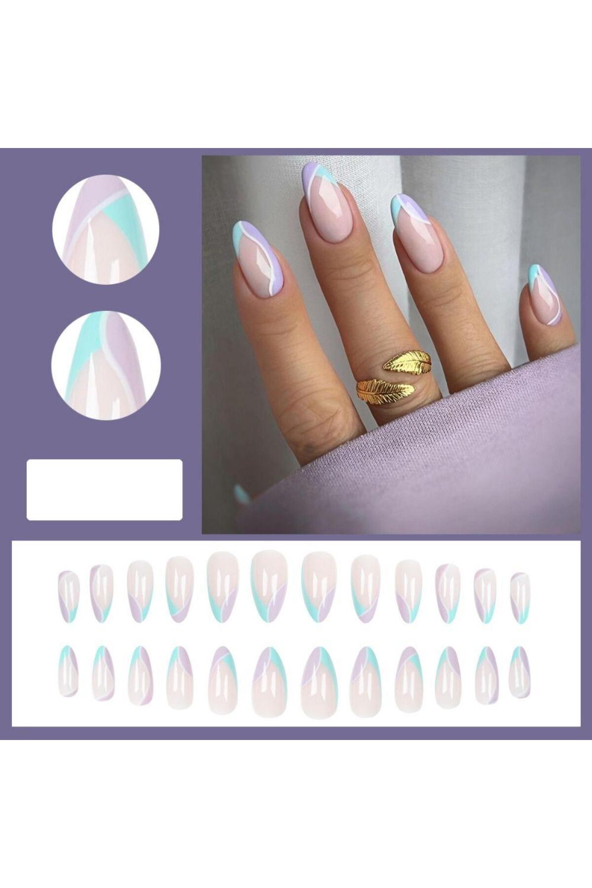 TipsArt Mavi Lila French'li Badem 24’lü Takma Tırnak Seti ve Zararsız ...