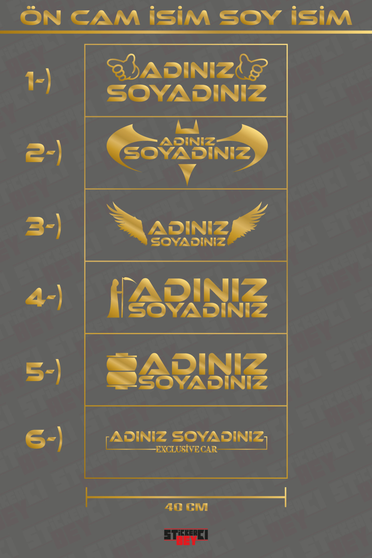STİCKERCI BEY 40 Cm Gold Isim Soy Isim Özel Tasarımlı Ön Cam Uyumlu ...