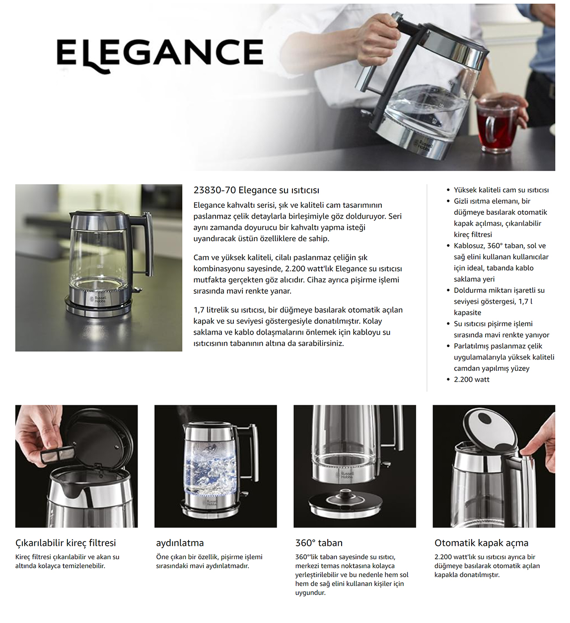 Russell Hobbs 23830-70 Elegance Glass Su Isıtıcısı - Fiyatı, Yorumları