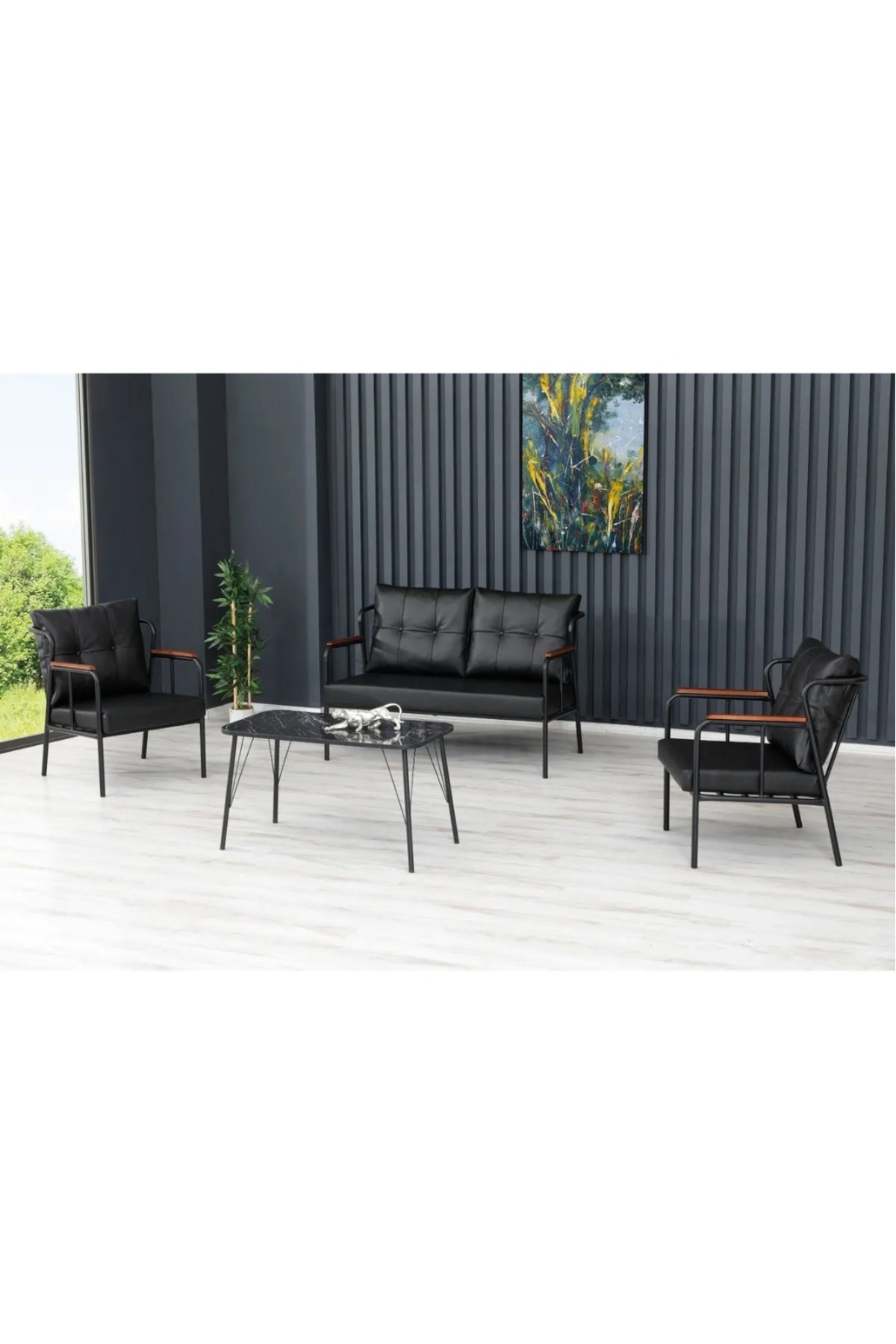 GARDEN HOUSE SİYAH Deri Metal Ayaklı Ofis Koltuk Takımı Kafe Koltuğu ...