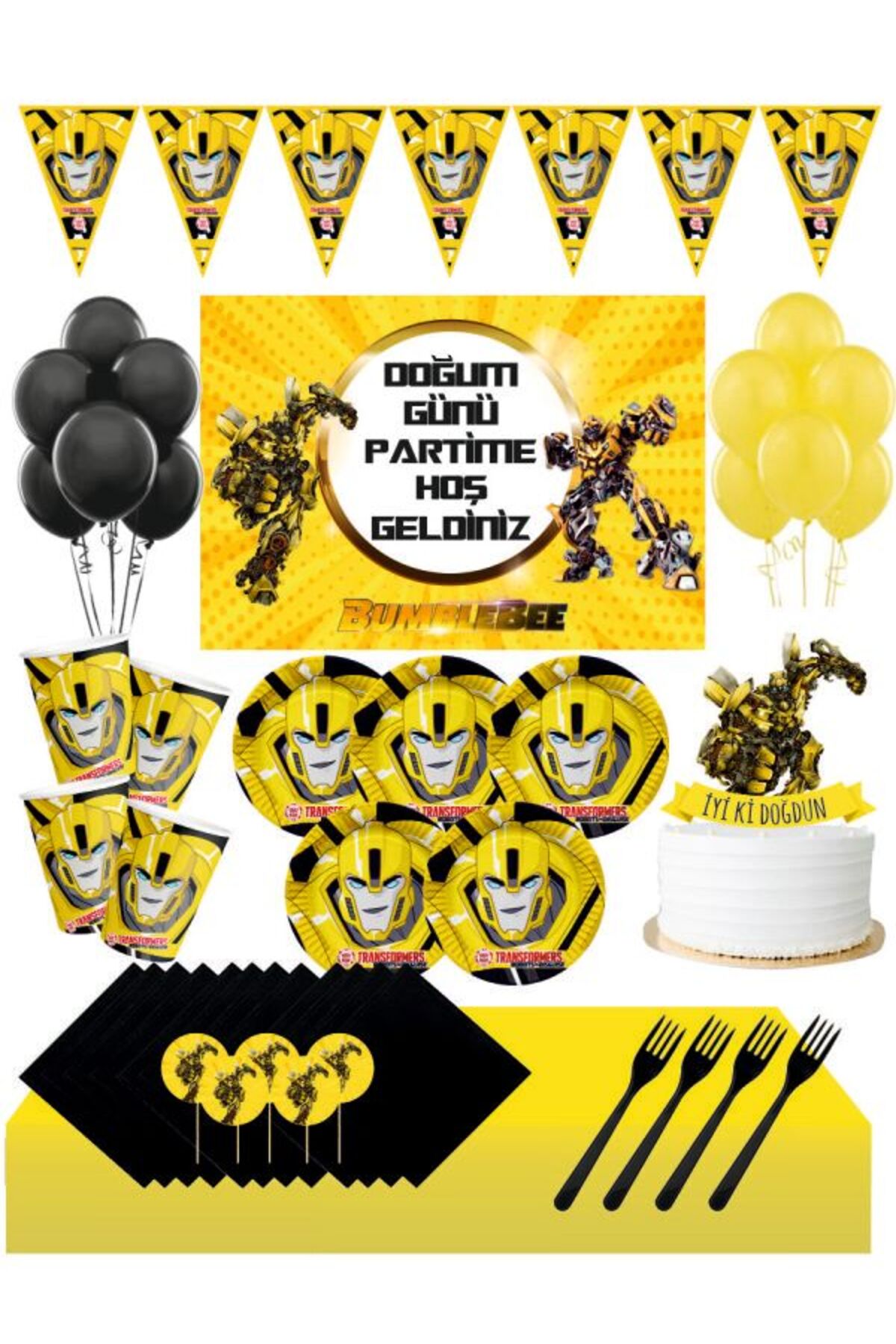 Masal Şekerleme Transformers Bumble Bee 8 Kişilik Afişli Doğum Günü Parti Seti Pasta Süsü Dahil ...