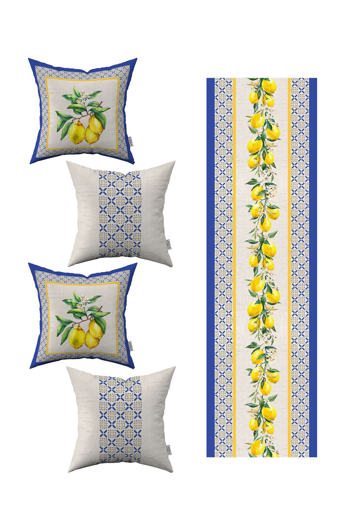 Cango Home Mavi Sarı Dekoratif Limon Desenli 4'lü Kırlent Kılıfı 1 Runner Seti 4kmbs249-rs ...