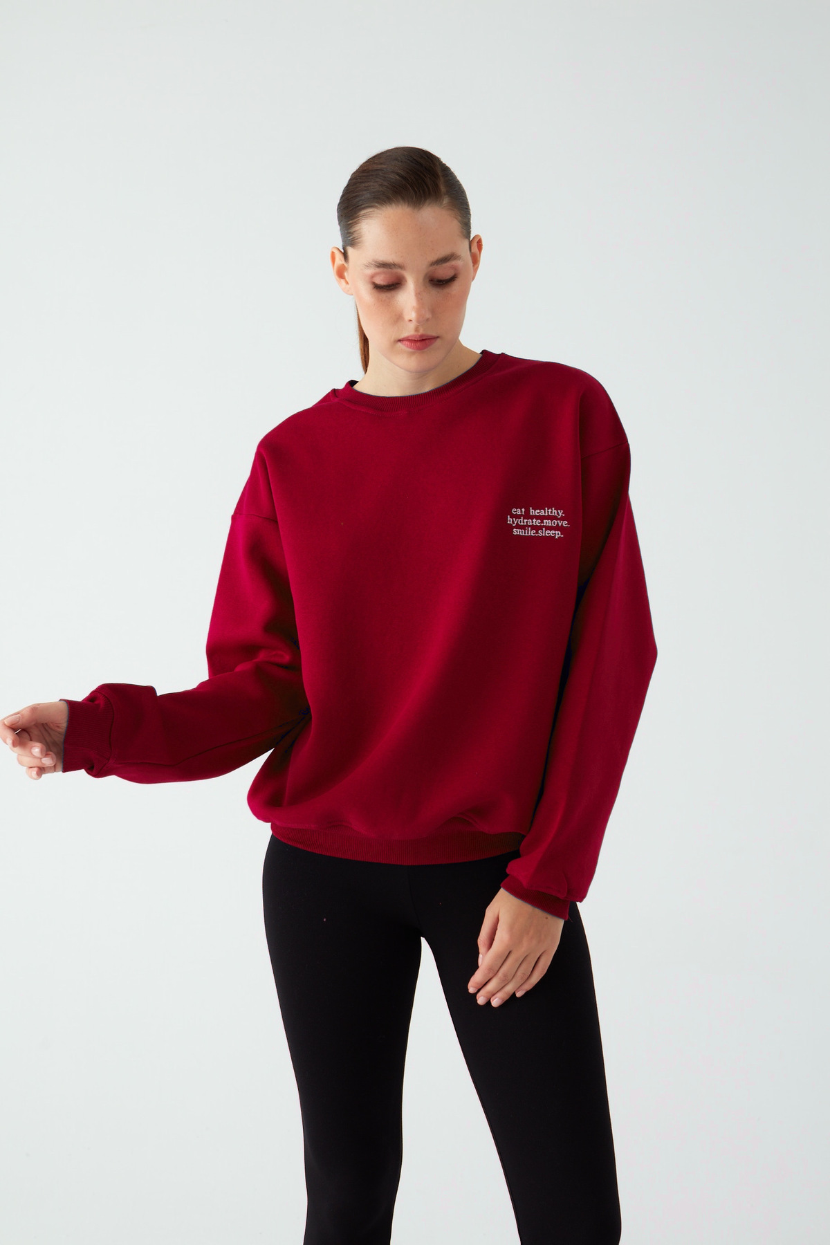 Zomers Kadın Bisiklet Yaka Içi Polarlı Nakışlı Oversize Bordo ...