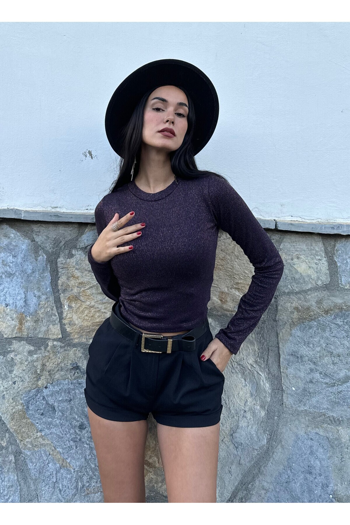 minaaise Mor Bisiklet Yaka Basic Uzun Kollu Slimfit Simli Body 26267 ...