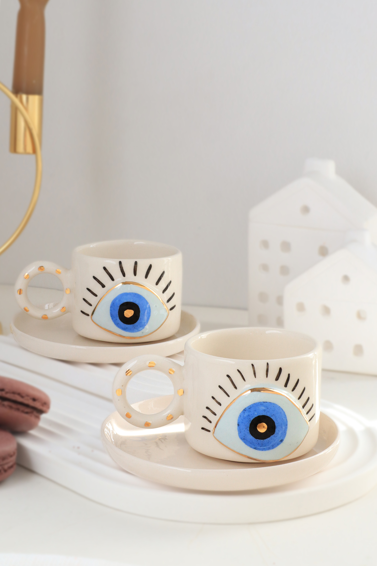 Perla Art El Yapımı 2'li Nazar ve Göz Figürlü 24K Altın Dekorlu Seramik ...