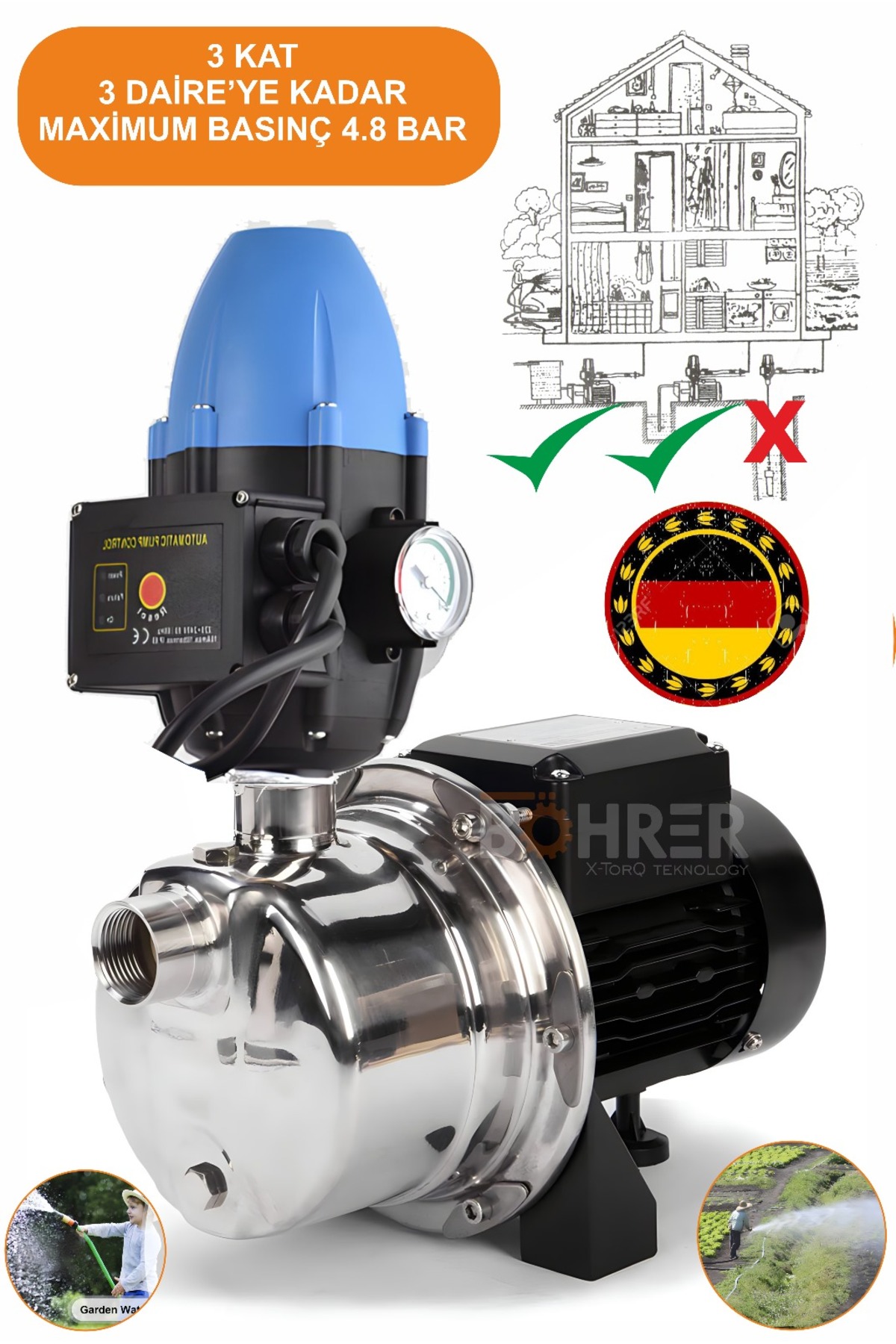 BÖHRER Bakır Sargılı 4 Kat 3 Daire 1 Hp Otomatik Musluk Aç Kapa ...