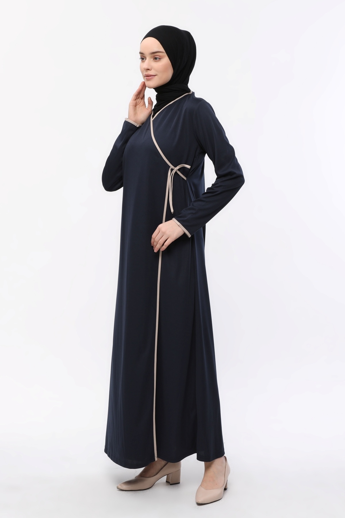 Transacoustic Lacivert Kruvaze Yaka Biyeli Esnek İnterlok Kumaş Elbise ...