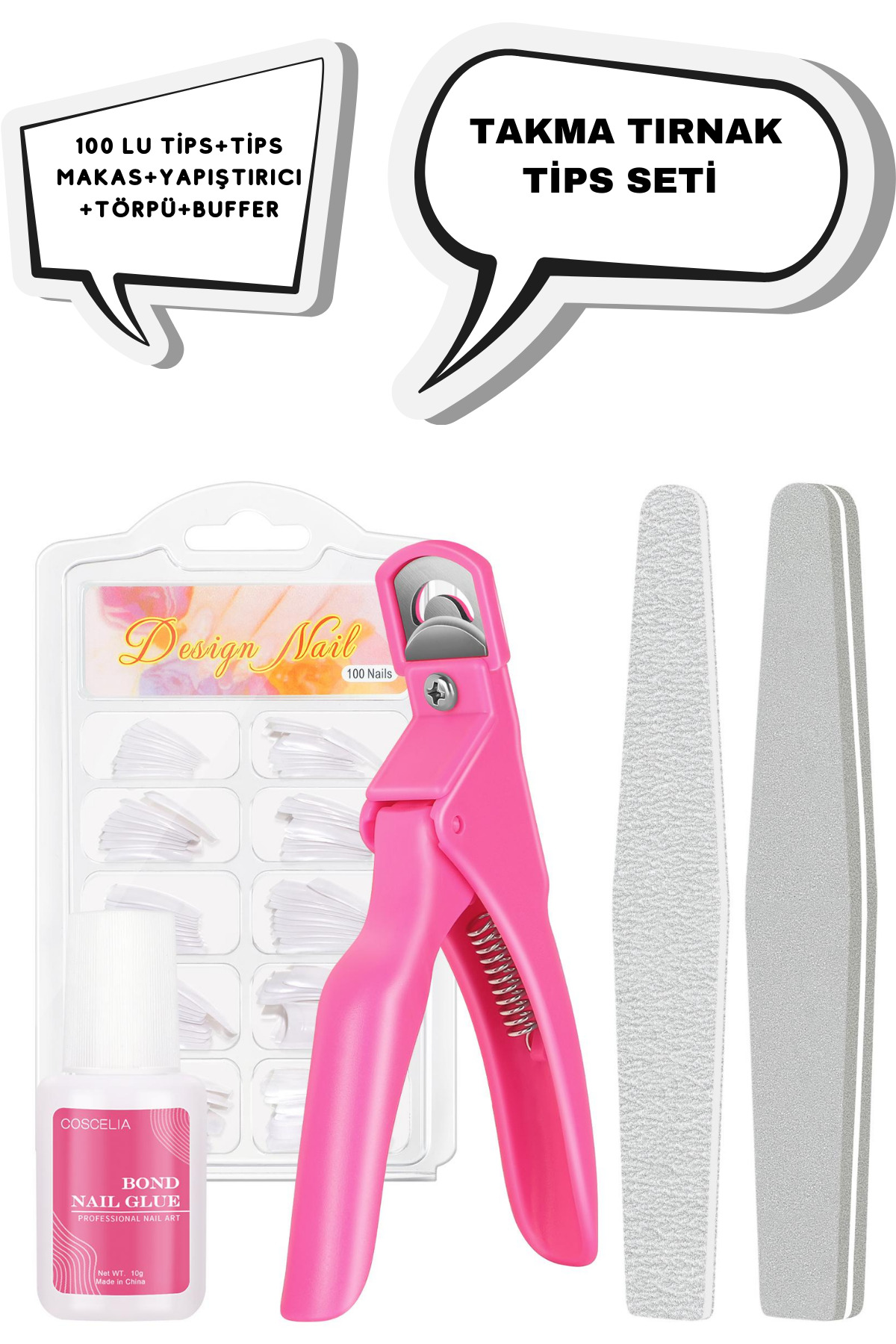 Coscelia TAKMA TIRNAK TİPS SETİ-100 LU TİPS+TİPS MAKAS+YAPIŞTIRICI+TÖRPÜ+BUFFER Fiyatı ...