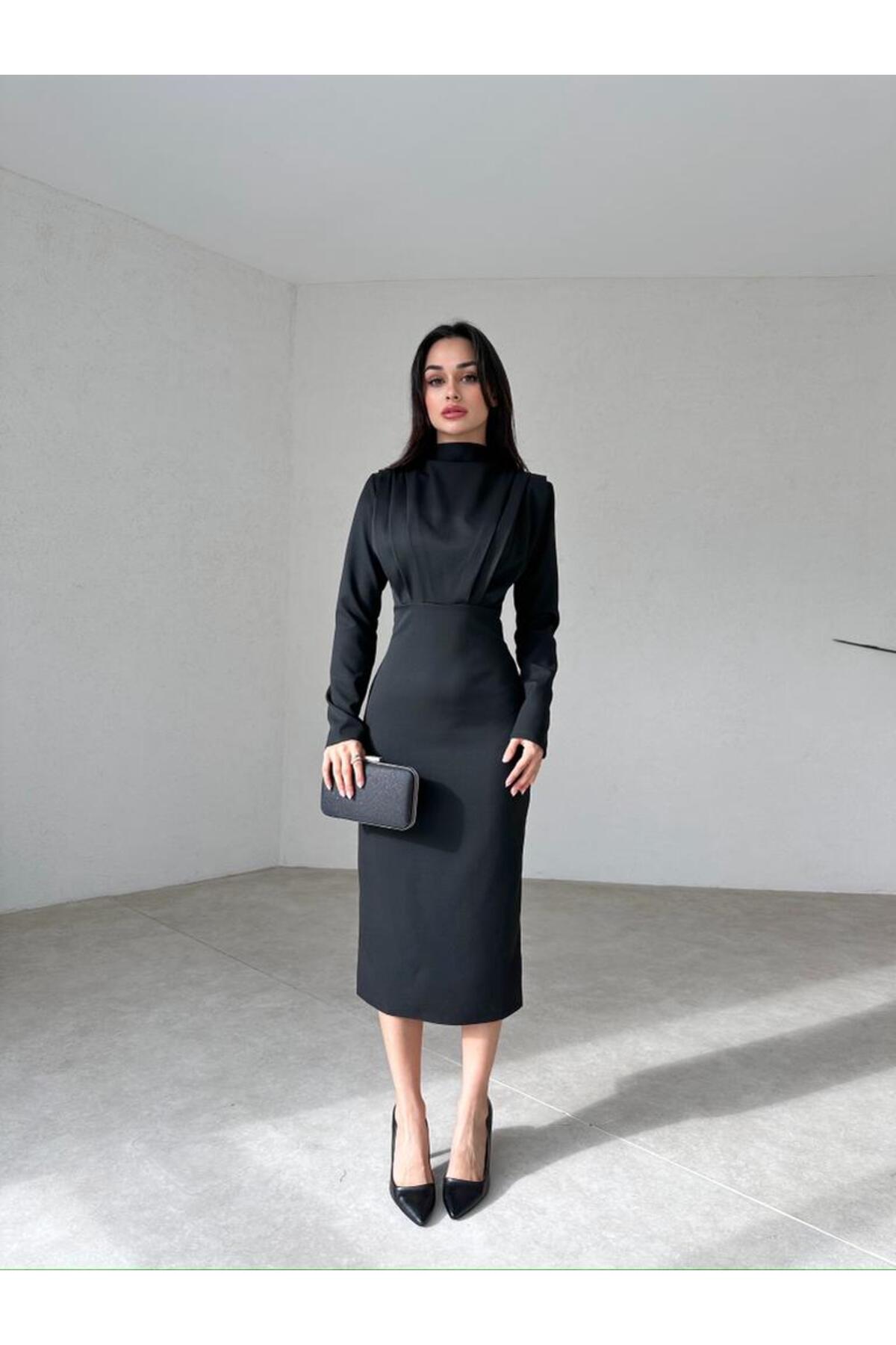 munora butik Pileli Arkası Yırtmaçlı Midi Siyah Elbise Fiyatı ...