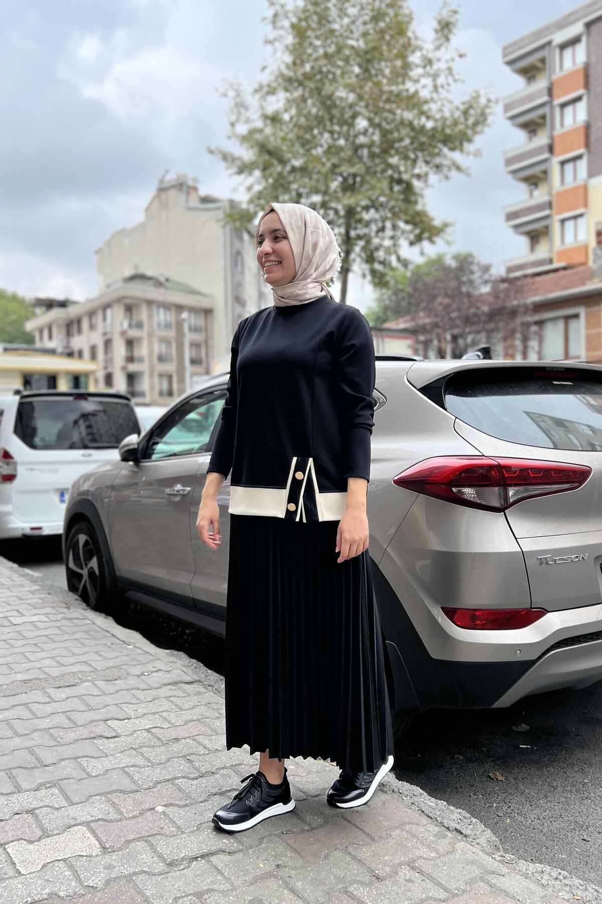 Ahi Triko Ahi 4055 Etek Ucu Triko Düğme Detay Etekli Takım - Siyah Fiyatı, Yorumları - Trendyol