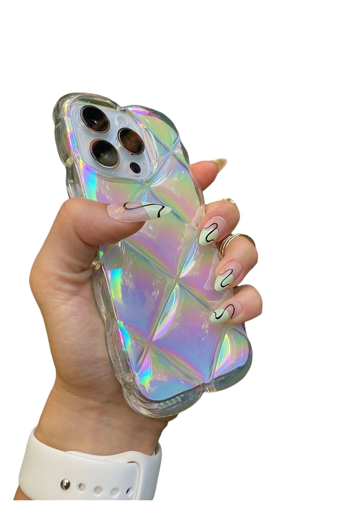 OBT iPhone 15 Pro Max Uyumlu Geometrik Dilimli Hologramlı Baklava Şişme Puf Koruyucu Kapak Kılıf ...