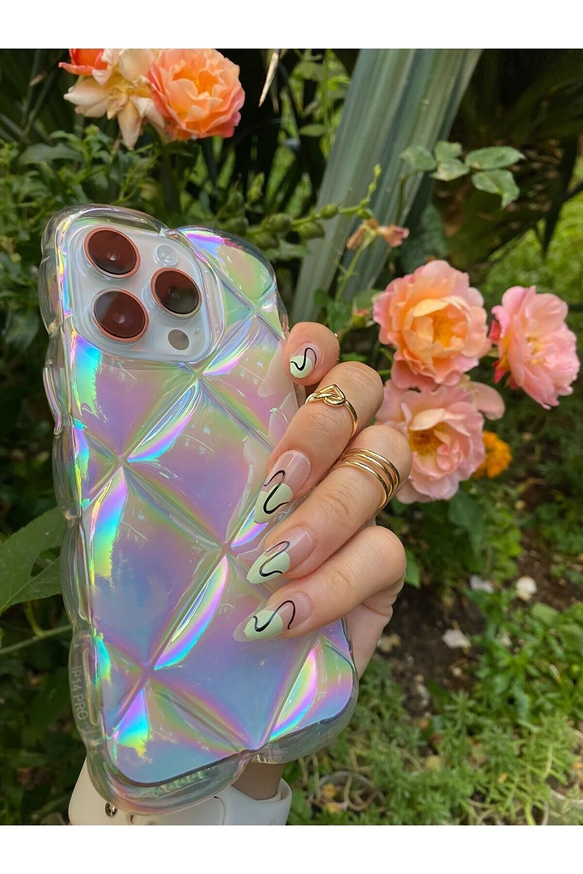 OBT iPhone 15 Pro Max Uyumlu Geometrik Dilimli Hologramlı Baklava Şişme Puf Koruyucu Kapak Kılıf ...